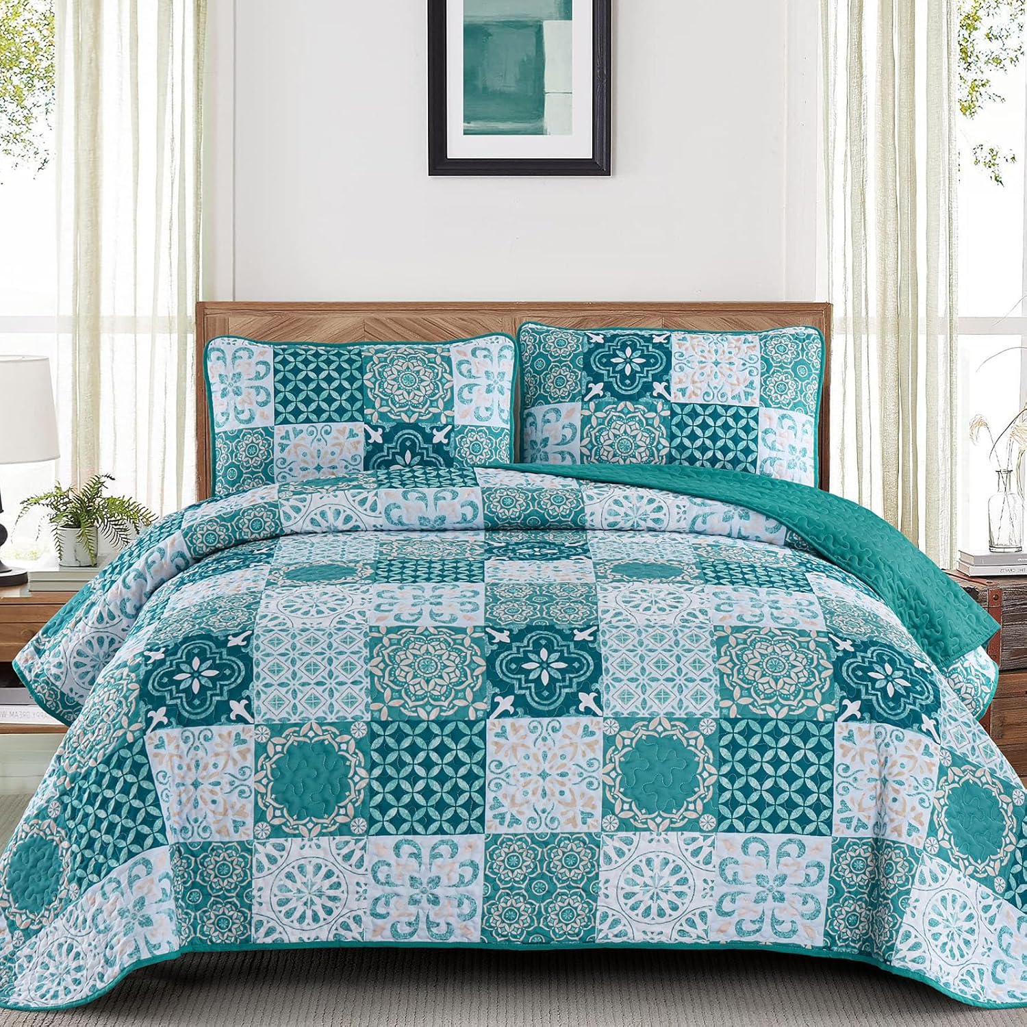 Amazon.com: Teal Quilt Set Queen Size, Boho Turquoise Plaid Patchwork ...