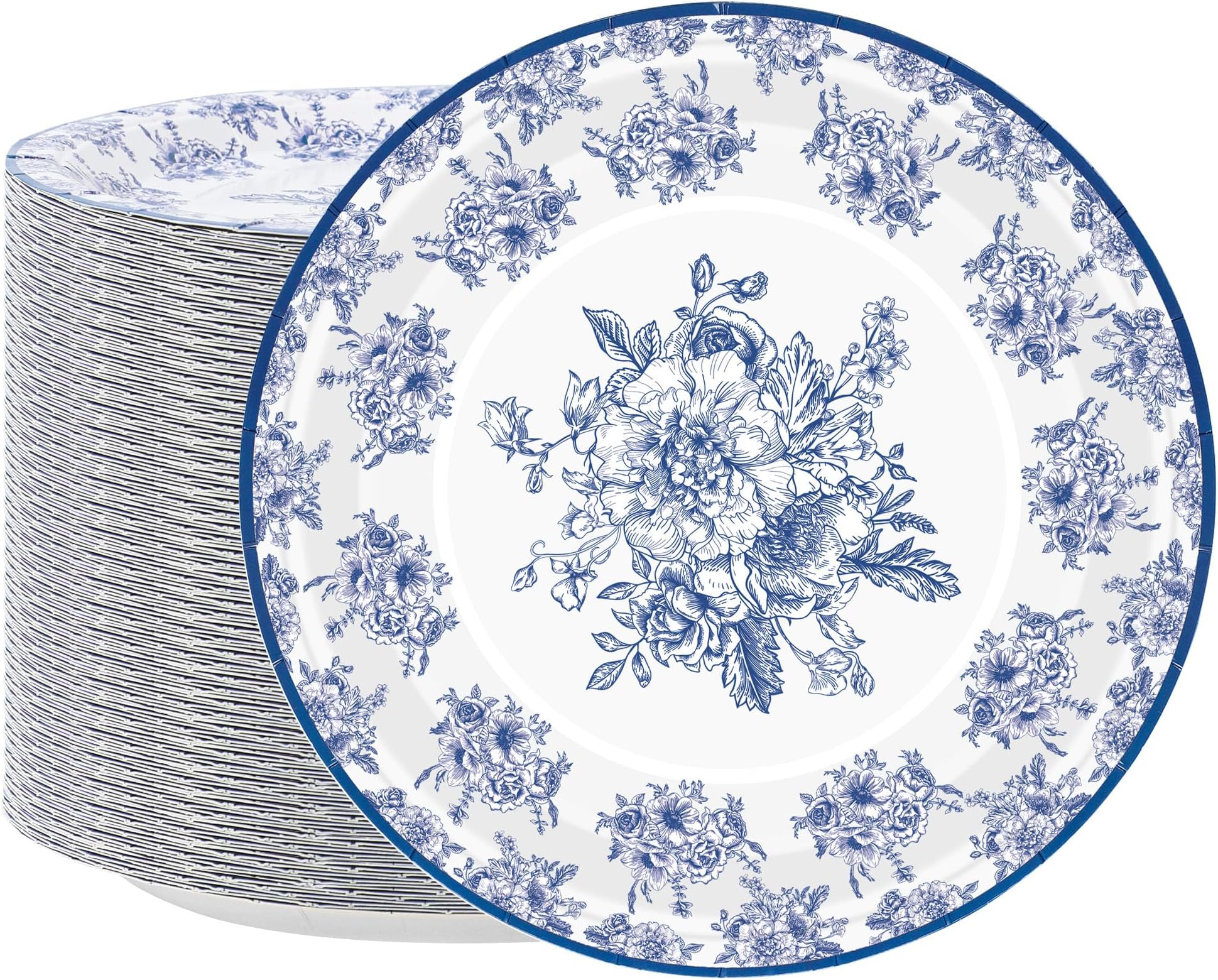 Amazon.com: peony man 50 PCS Blue Floral Paper Plates Blue and White ...