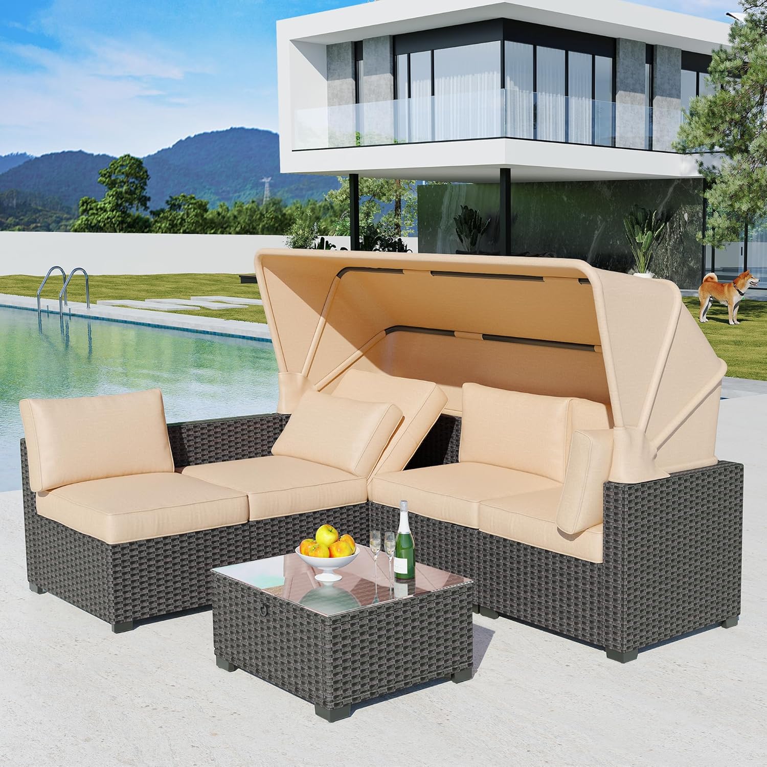 Amazon.com : GAOMON Patio Rattan Daybed, Patiojoy Wicker Daybed Lounger ...