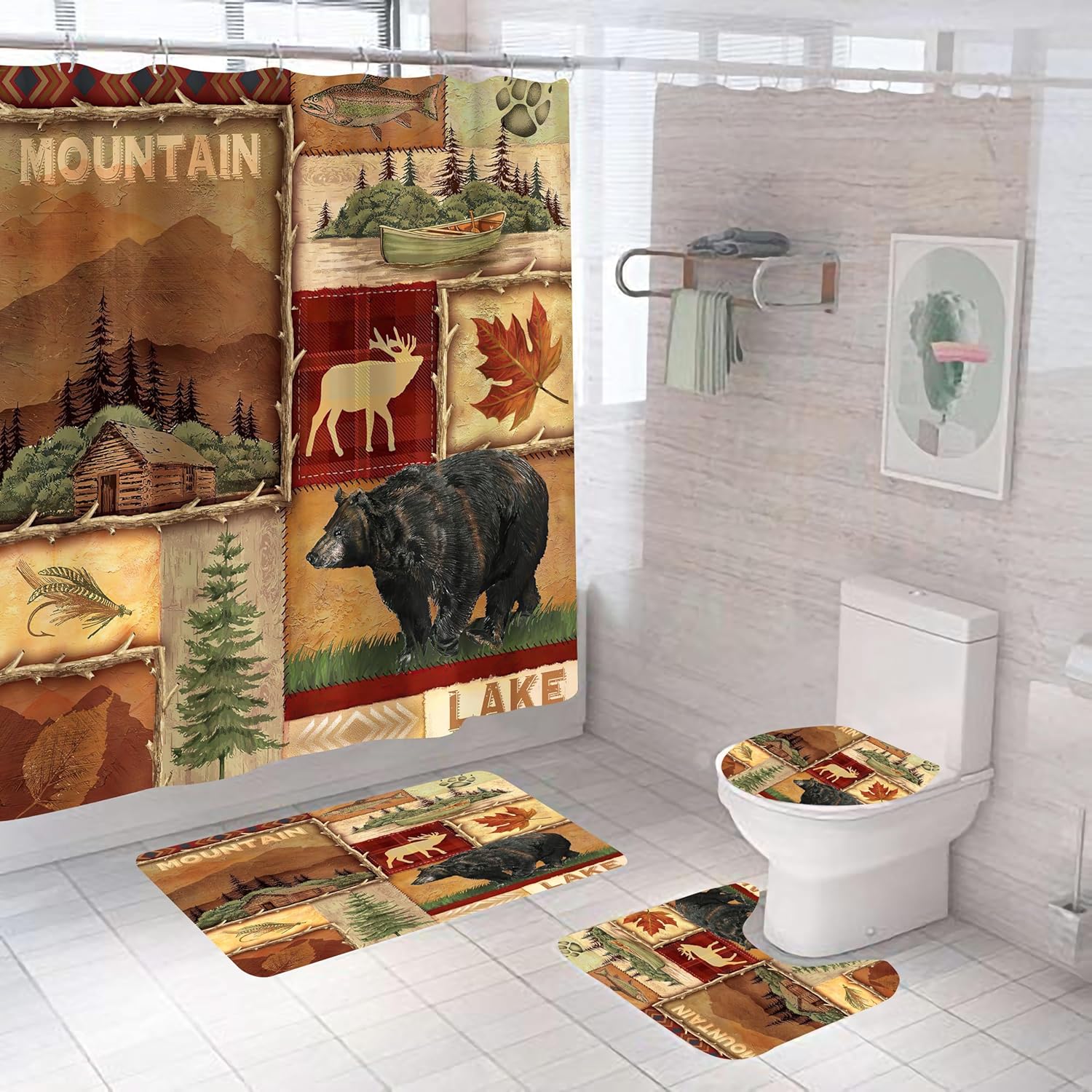 Amazon.com: 4PCS Rustic Bear Shower Curtains Set, with Non-Slip Rugs ...
