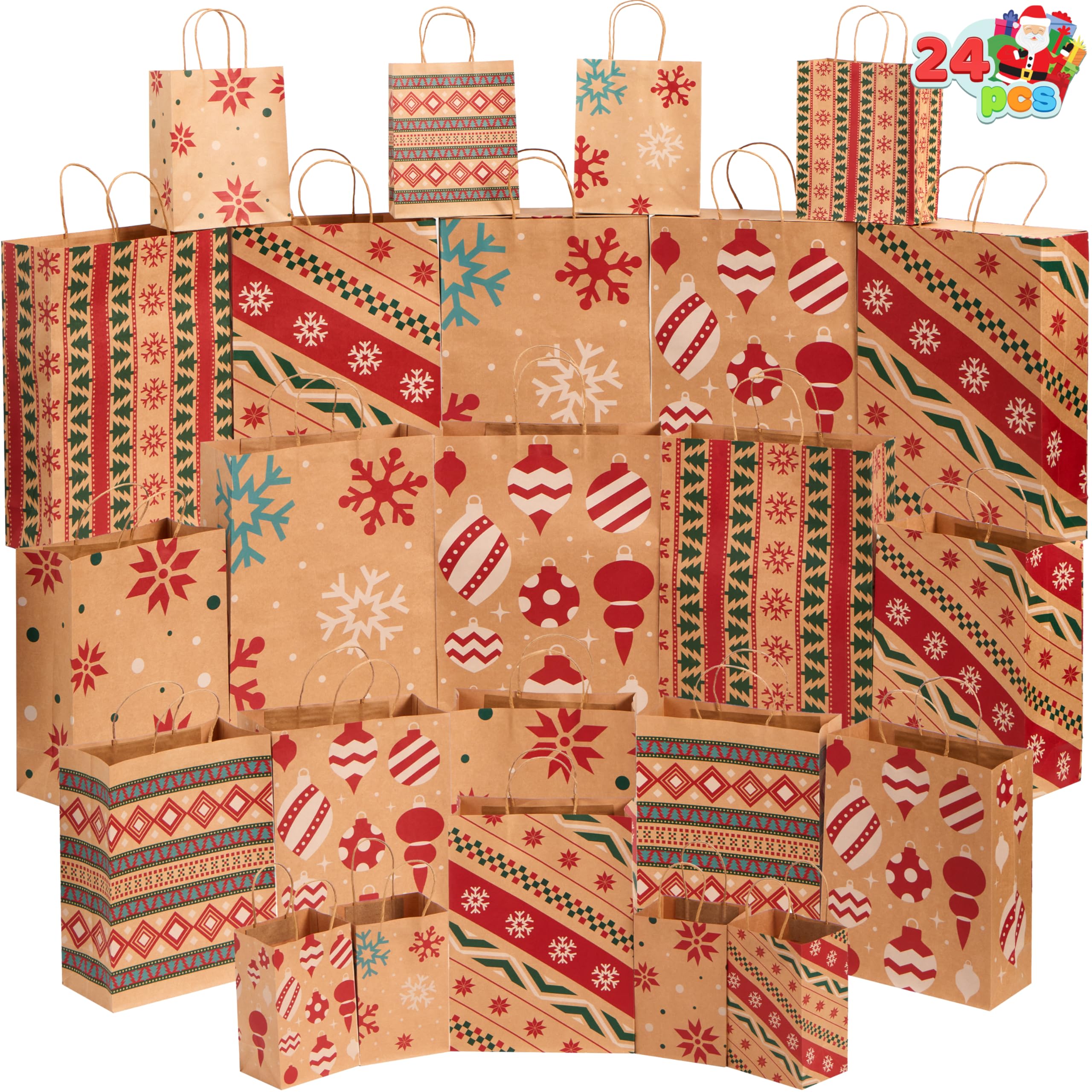 JOYIN 24 PCS Christmas Kraft Gift Bags Xmas Gift Bags with Festive ...