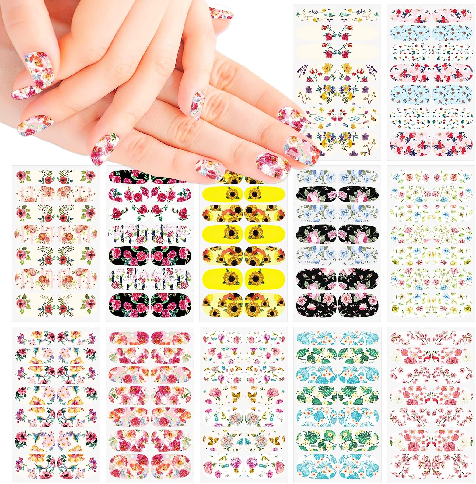 Amazon.com: XEAOHESY 168 Pieces 12 Sheets Flower Nail Wraps Flower Nail ...