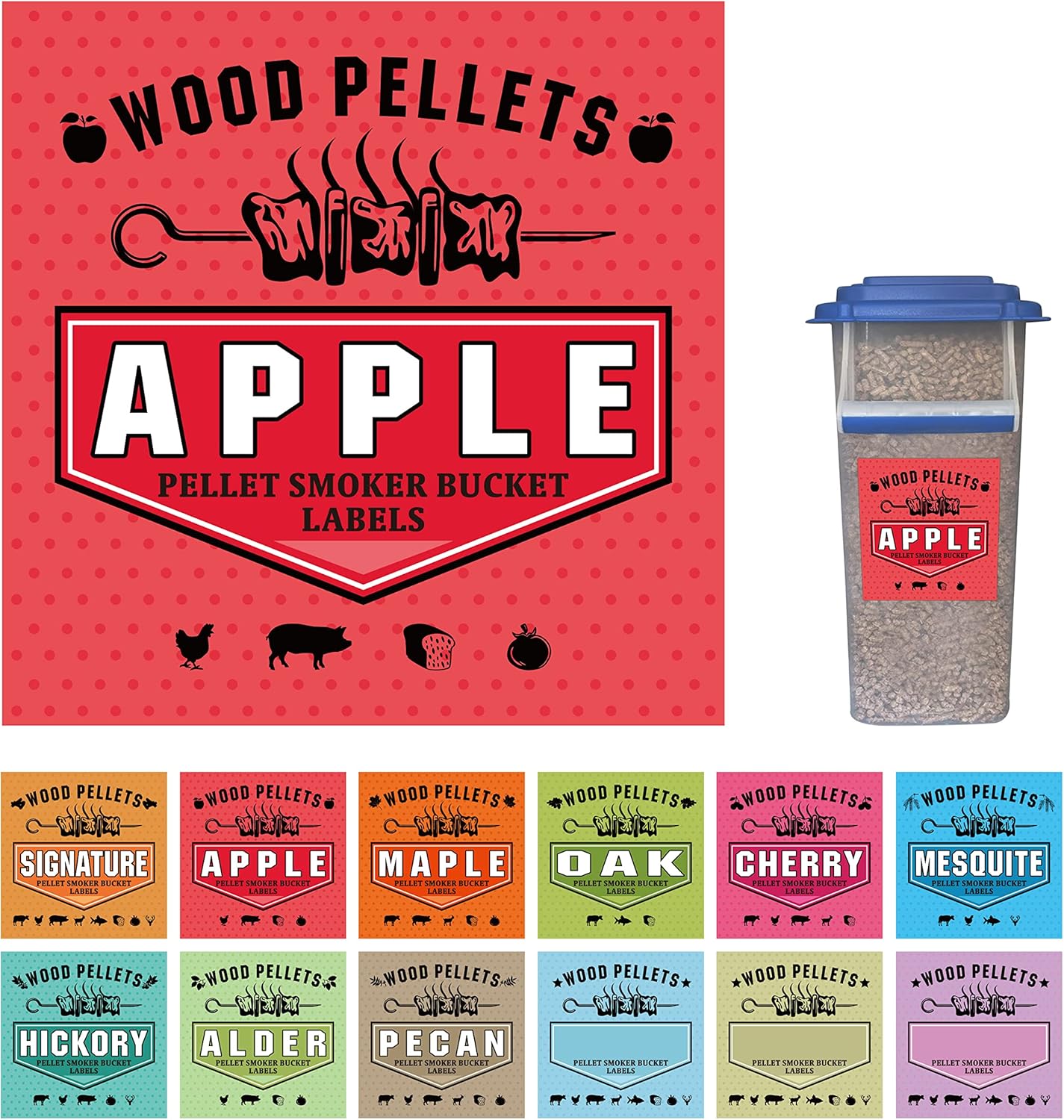 Smoker Grill Pellet Label Stickers - Set of 12 for Wood Pellet Storage ...