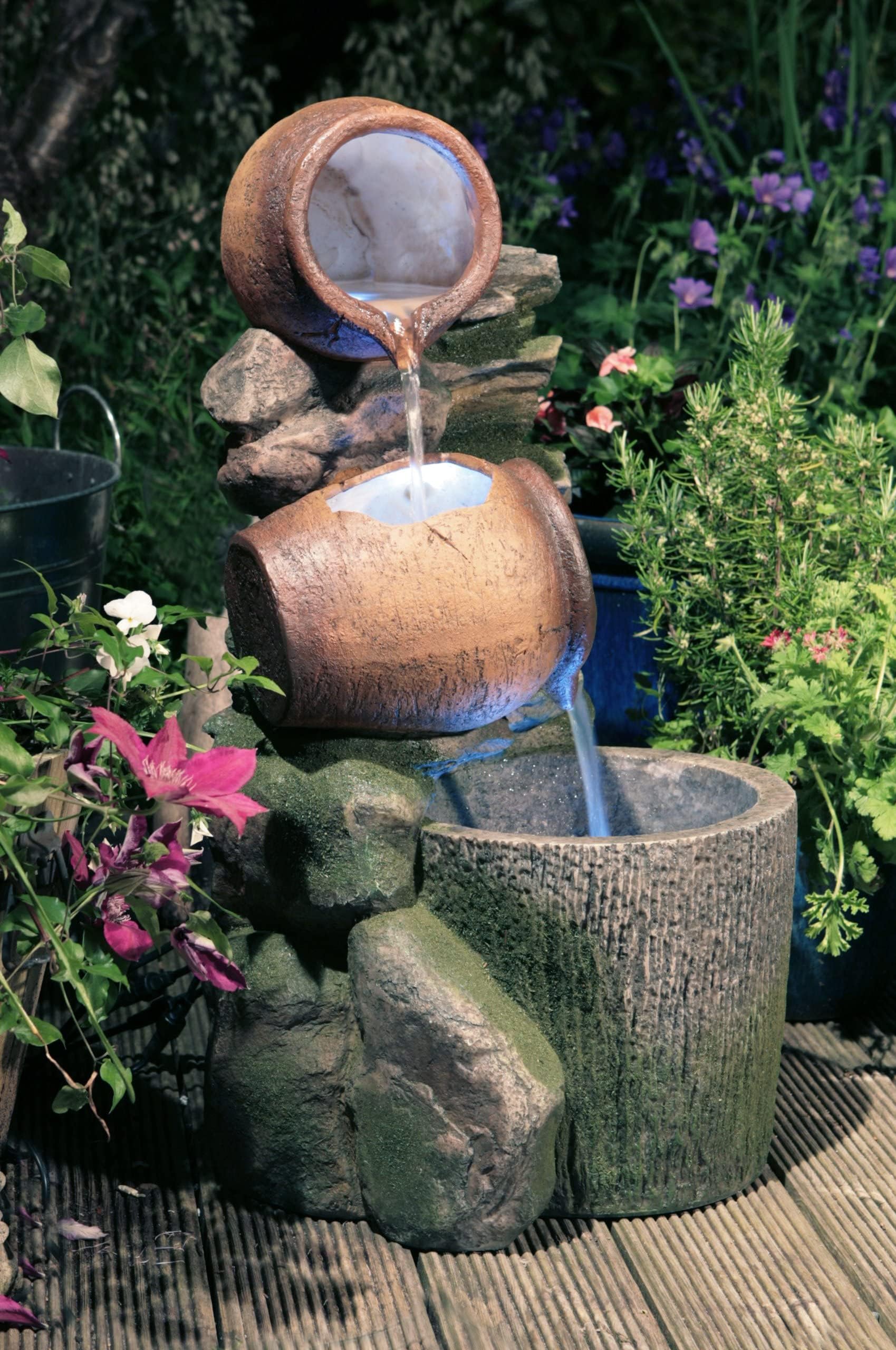 Primrose 74cm Solar Powered Wishing Well Water Feature Stone & Wood ...