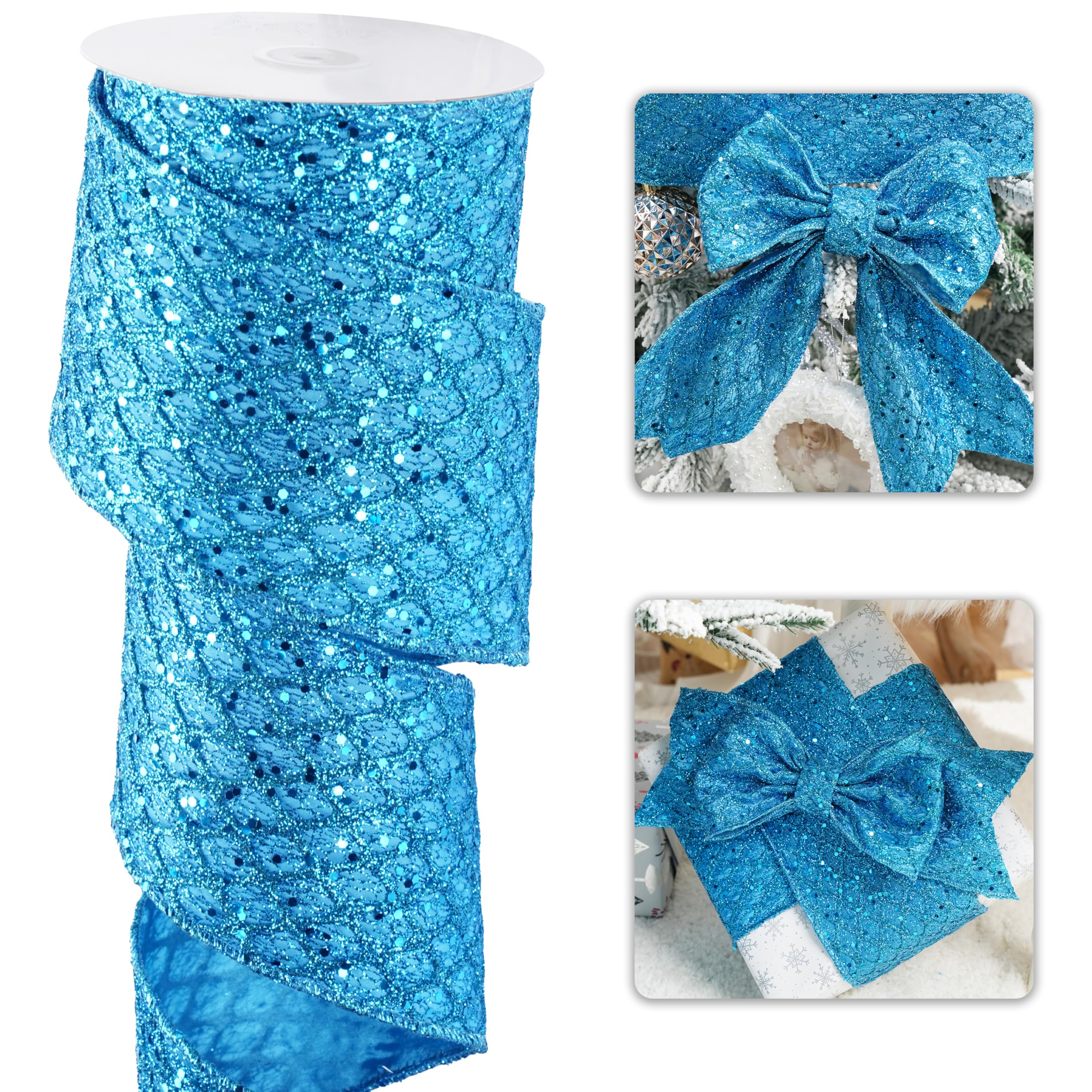 Amazon.com: LIZLOVESS Turquoise Blue Christmas Ribbon 4" Glitter Mesh ...