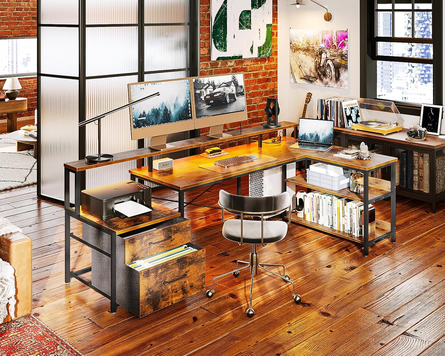 ODK L Shaped Desk with File Drawer, 75" Reversible L Shaped Computer Desk with Power Outlet ...