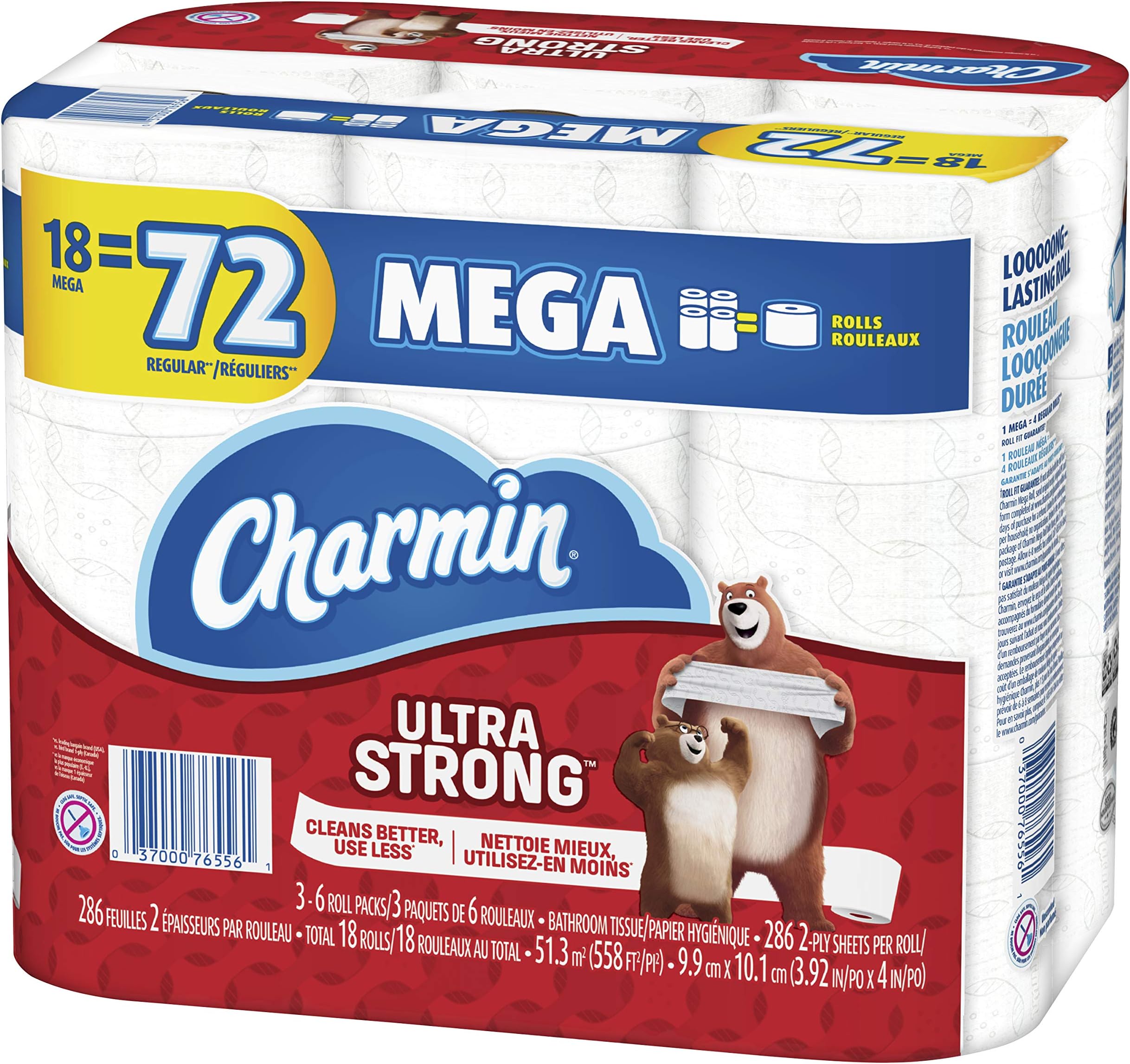 Amazon.com: Charmin Ultra Strong Toilet Paper 12 Super Mega Rolls, 363 ...