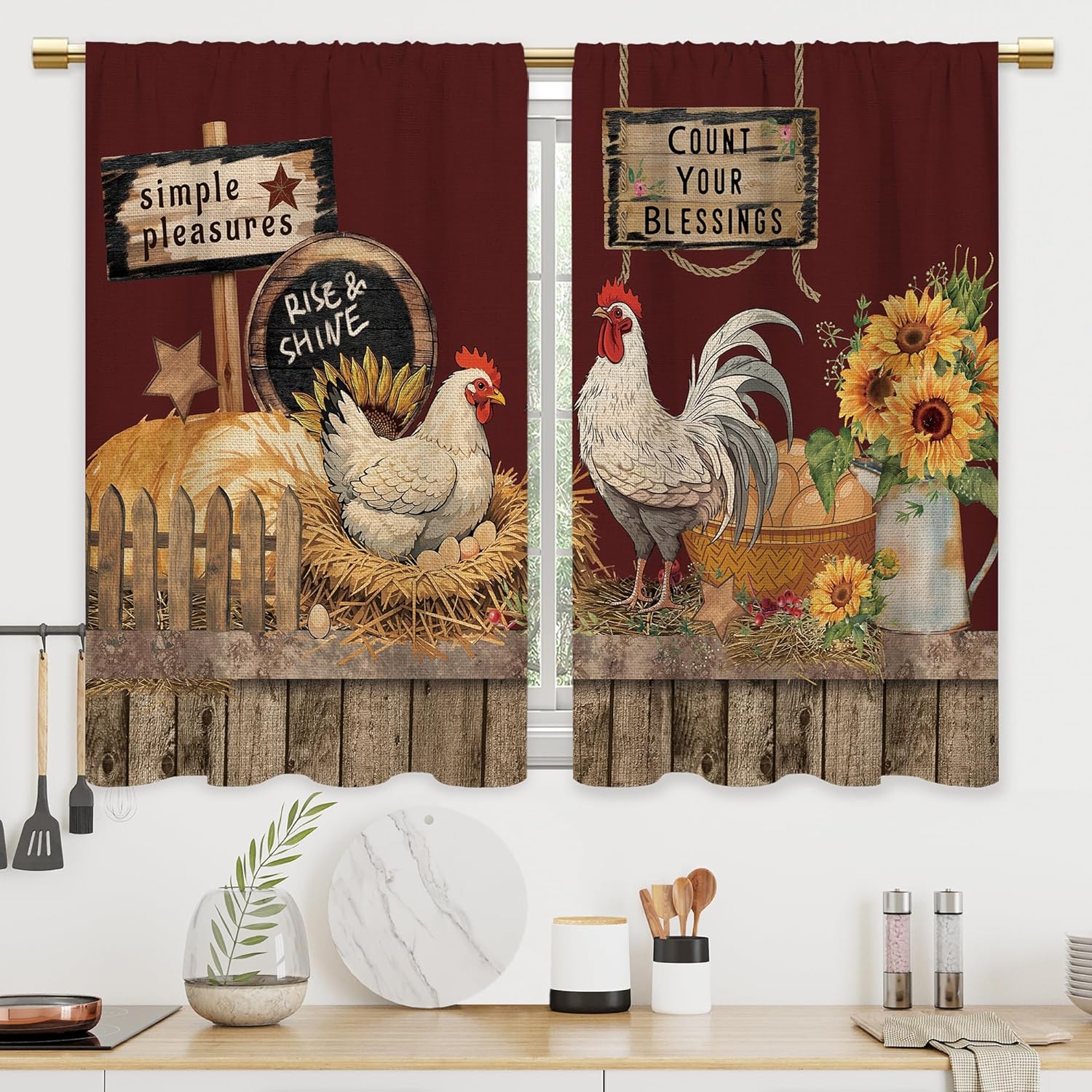 Amazon.com: CINEKER Farmhouse Rooster Kitchen Curtains Rustic Country ...