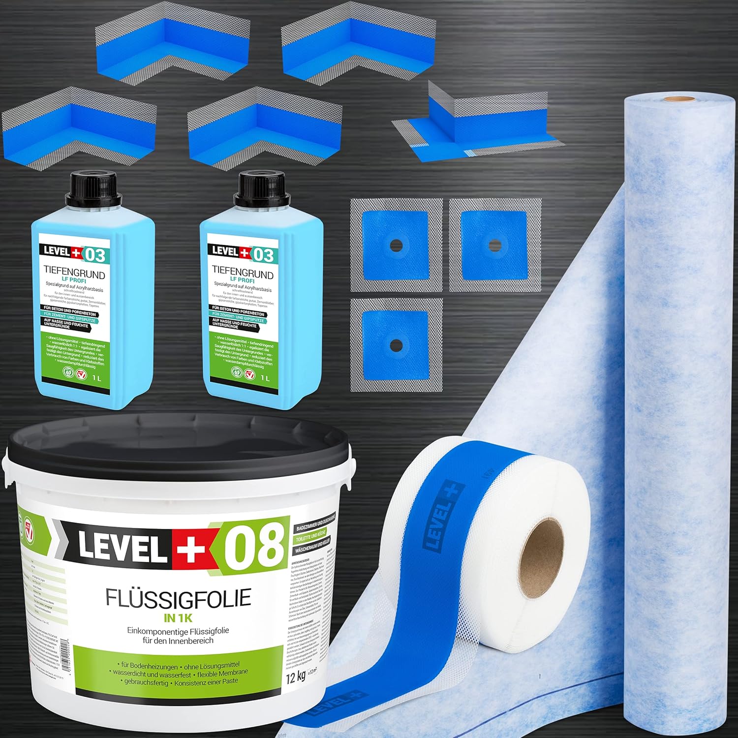 Dicht-Set 12Kg Flüssigfolie, 1m Dichtbahn, 15m Dichtband, 4 Innenecken, 1 Außenecke, 3 ...