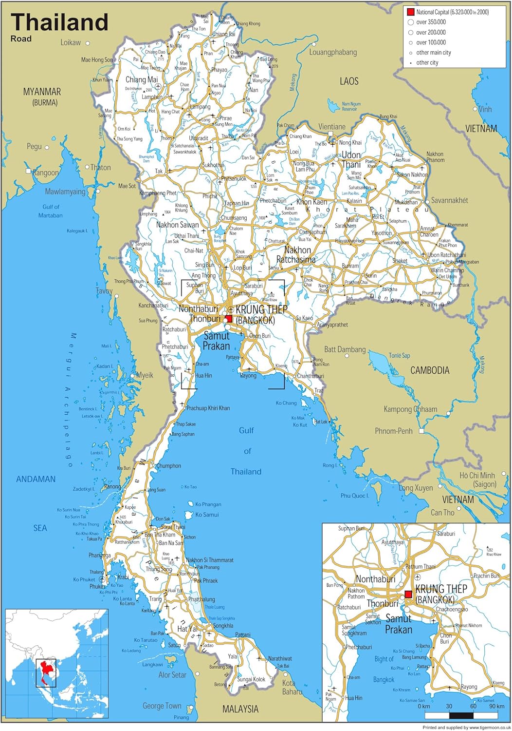 Road Map of Thailand - Size A2-59.4 x 42cm - Paper Laminated : Amazon ...