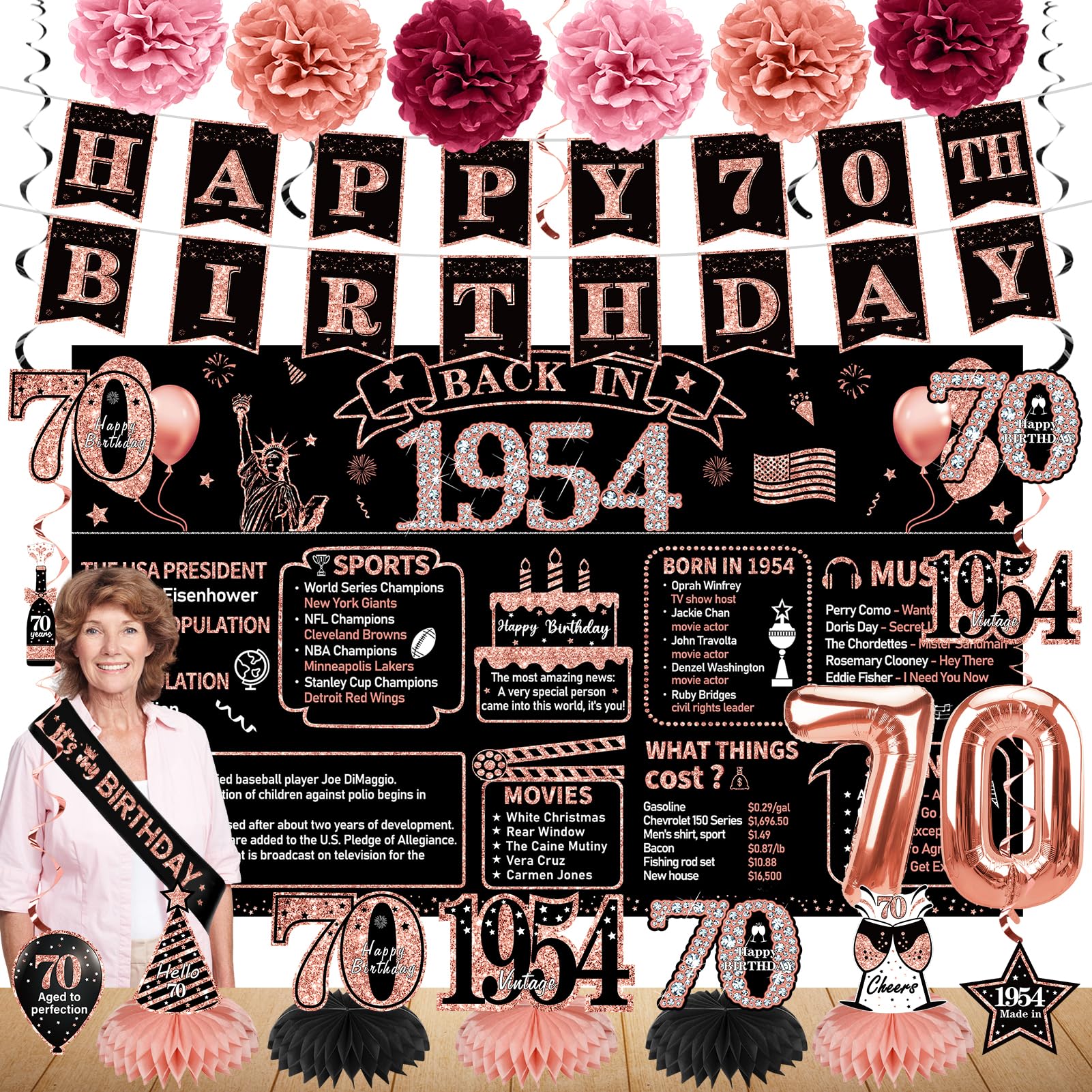 Amazon.com: 70th Birthday Decorations for Women, 21pcs Back in 1954 ...