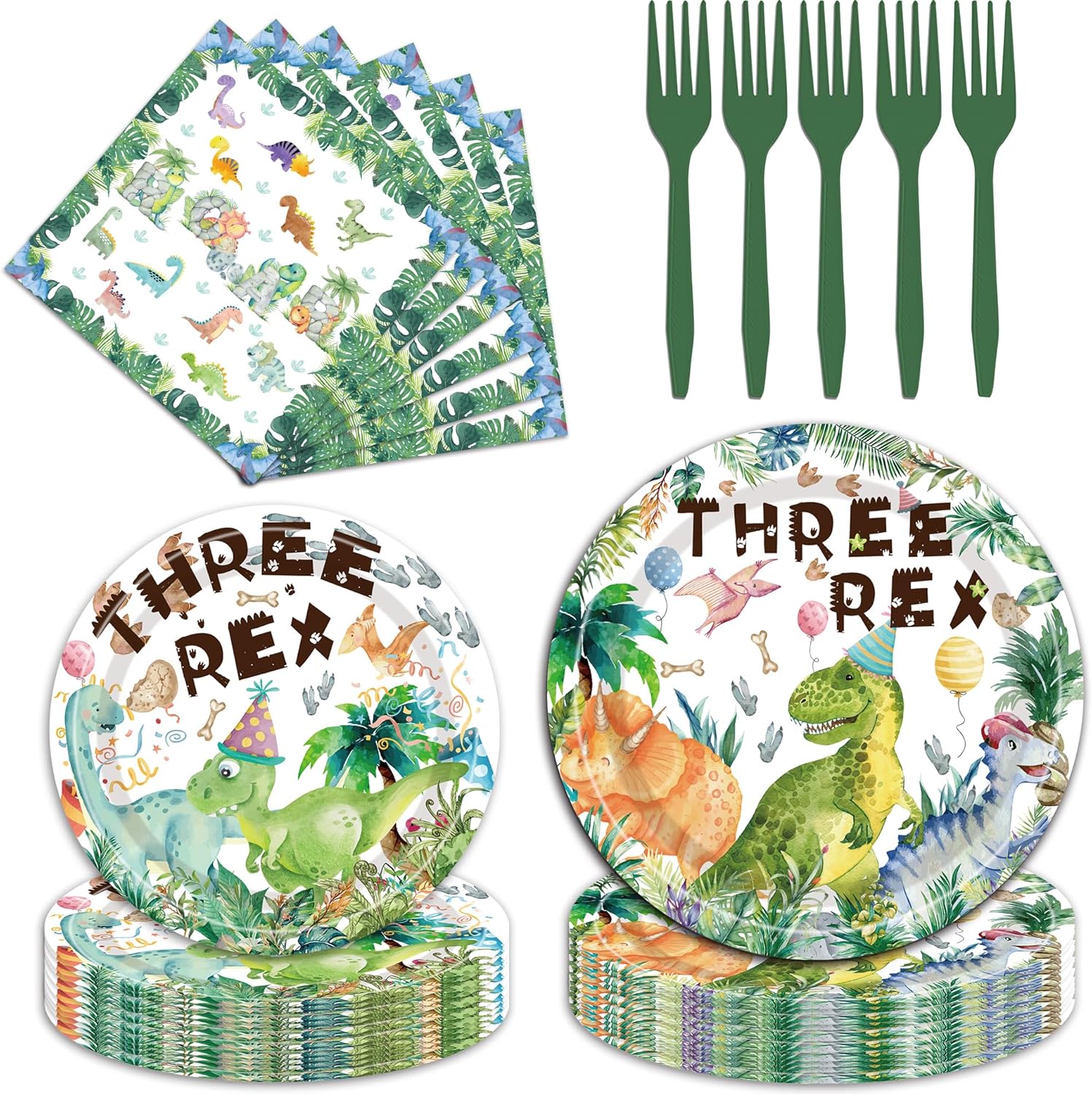 Amazon.com: Three Rex Birthday Decorations Boy - 96 Pcs Dinosaur Plates ...