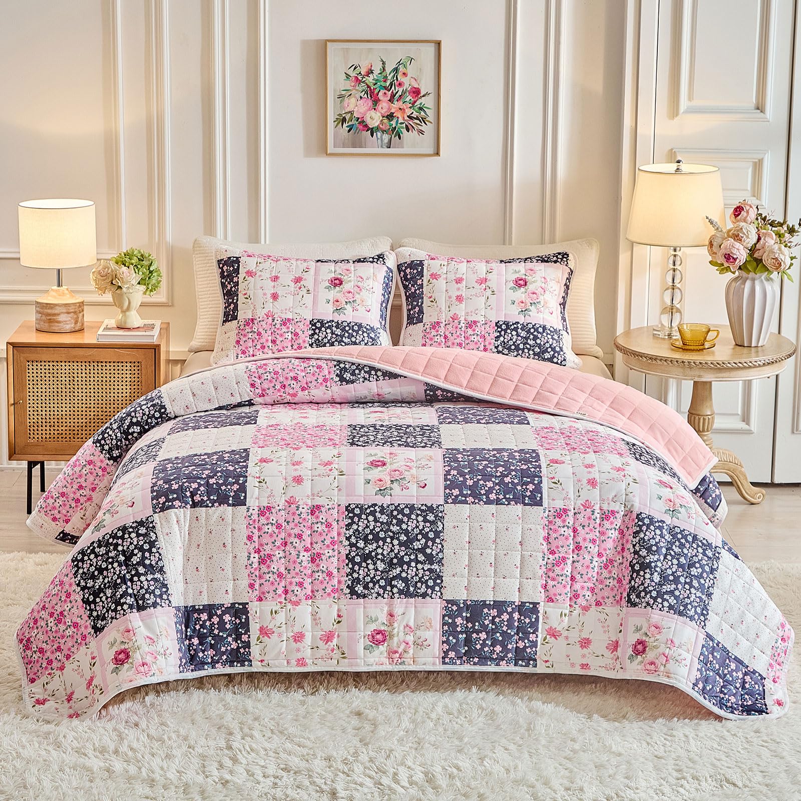 Amazon.com: Joyreap 3 Pieces Flannel Floral Patchwork Quilt Set, King ...