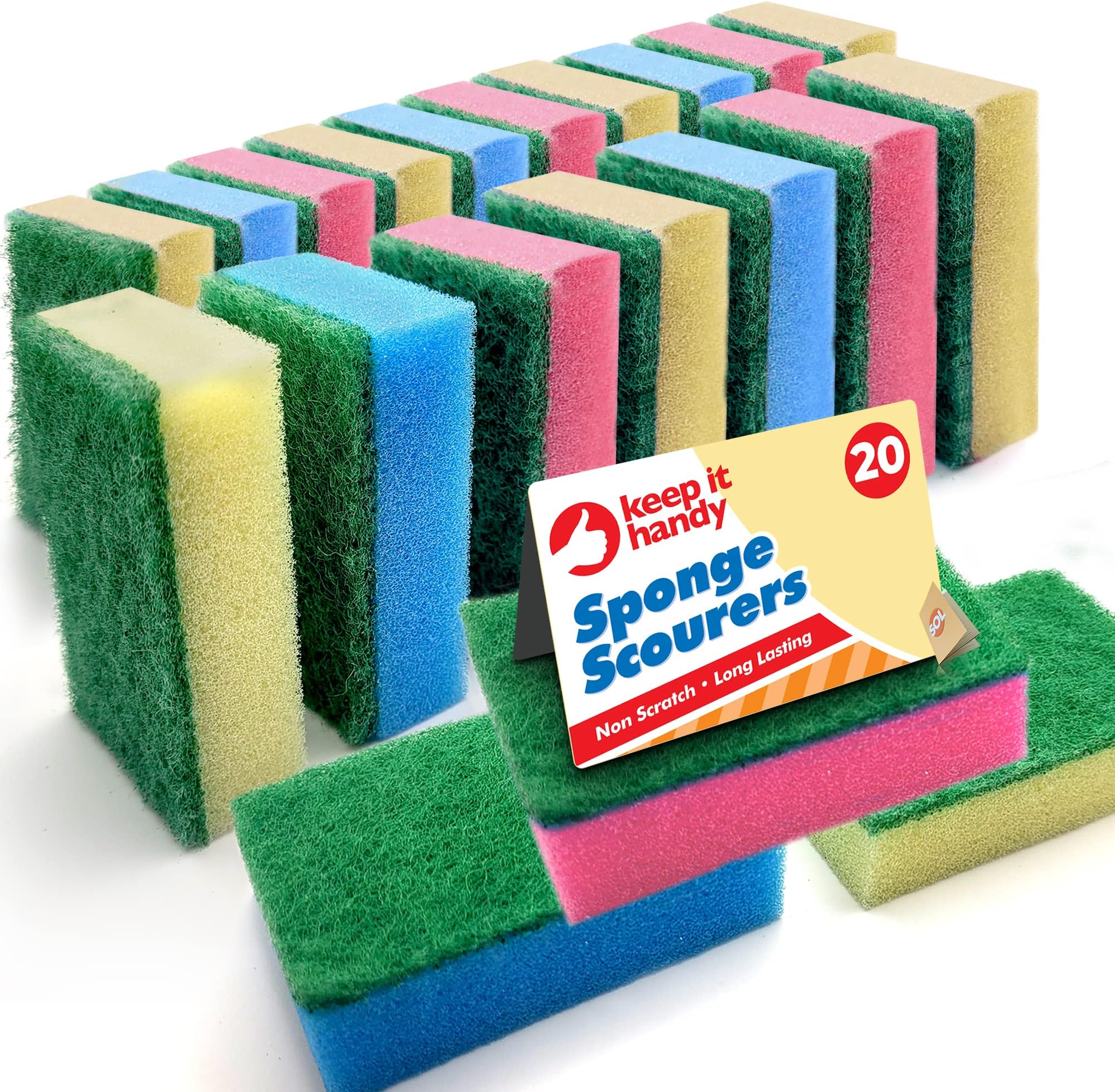SOL 20pk Small Sponge Scourers for Kitchen - Blue, Pink, Yellow Washing ...