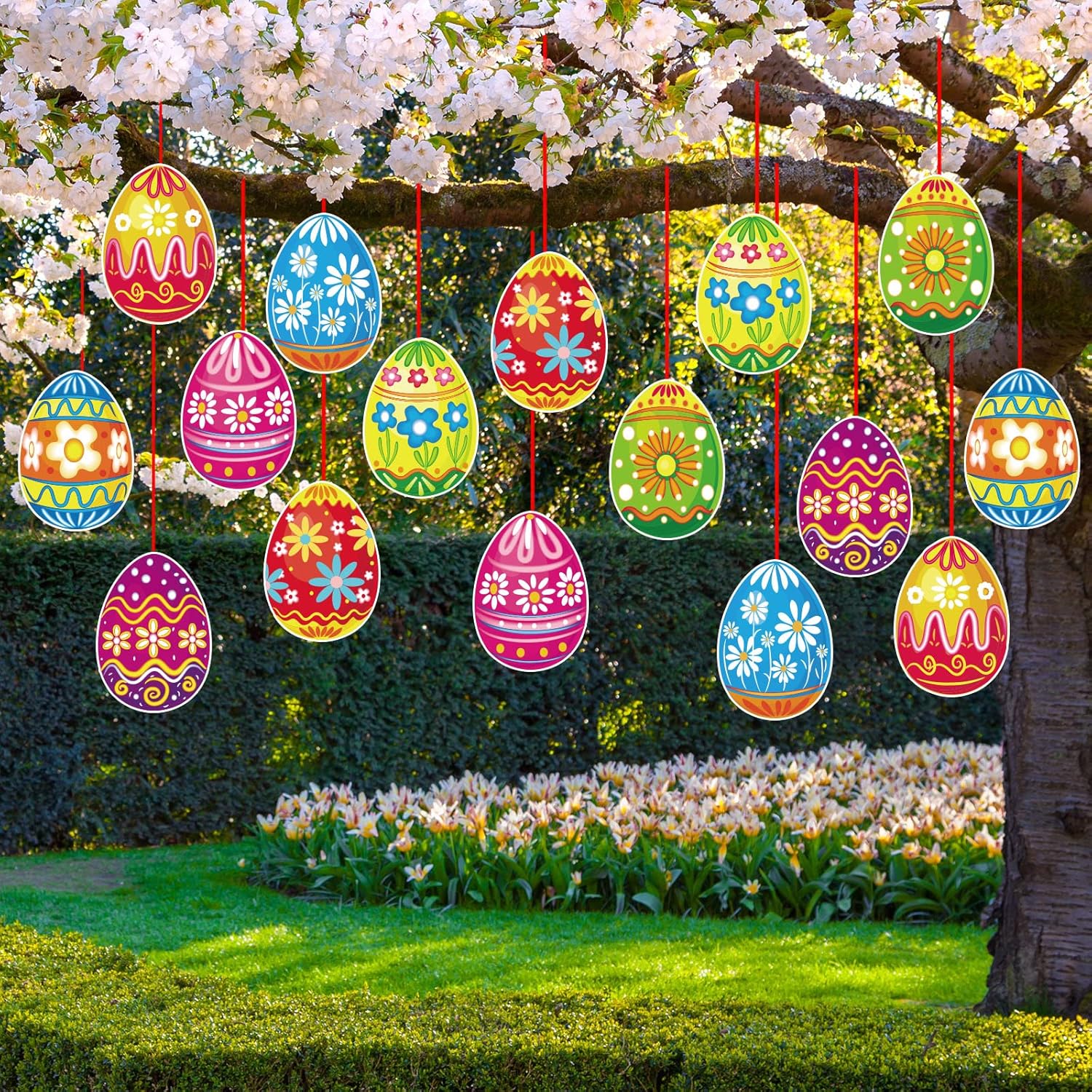 16 Pieces Easter Egg Outdoor Hanging Ornaments Large Happy Easter ...