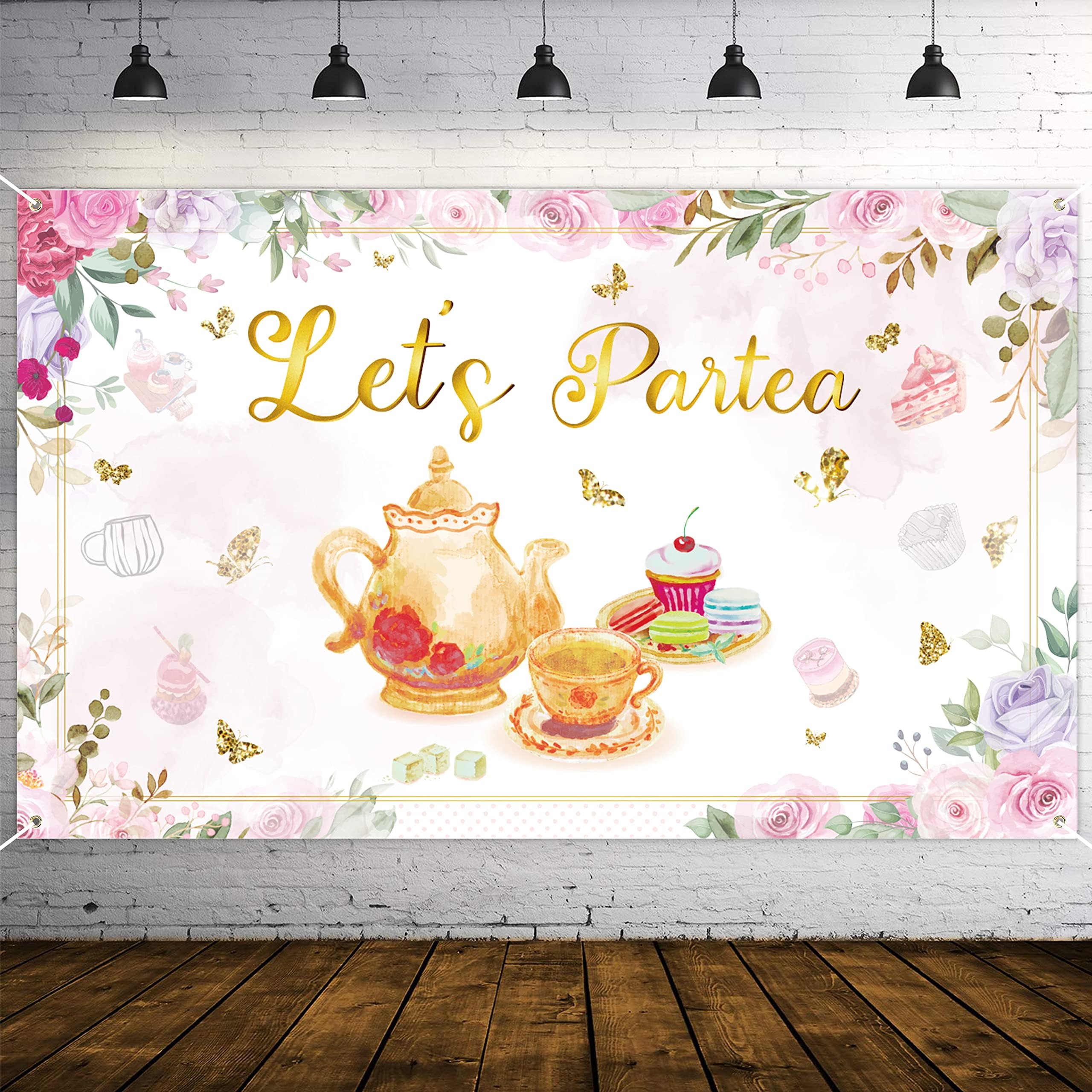 Amazon.com : ERguanfoiun Let's Partea Backdrop Banner Floral Tea Party ...