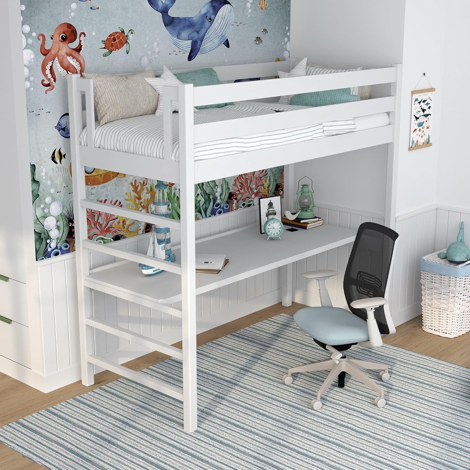 N-wood N01 Lit Mezzanine 1 Place avec Bureau en Bois Massif 90x190, Lit ...