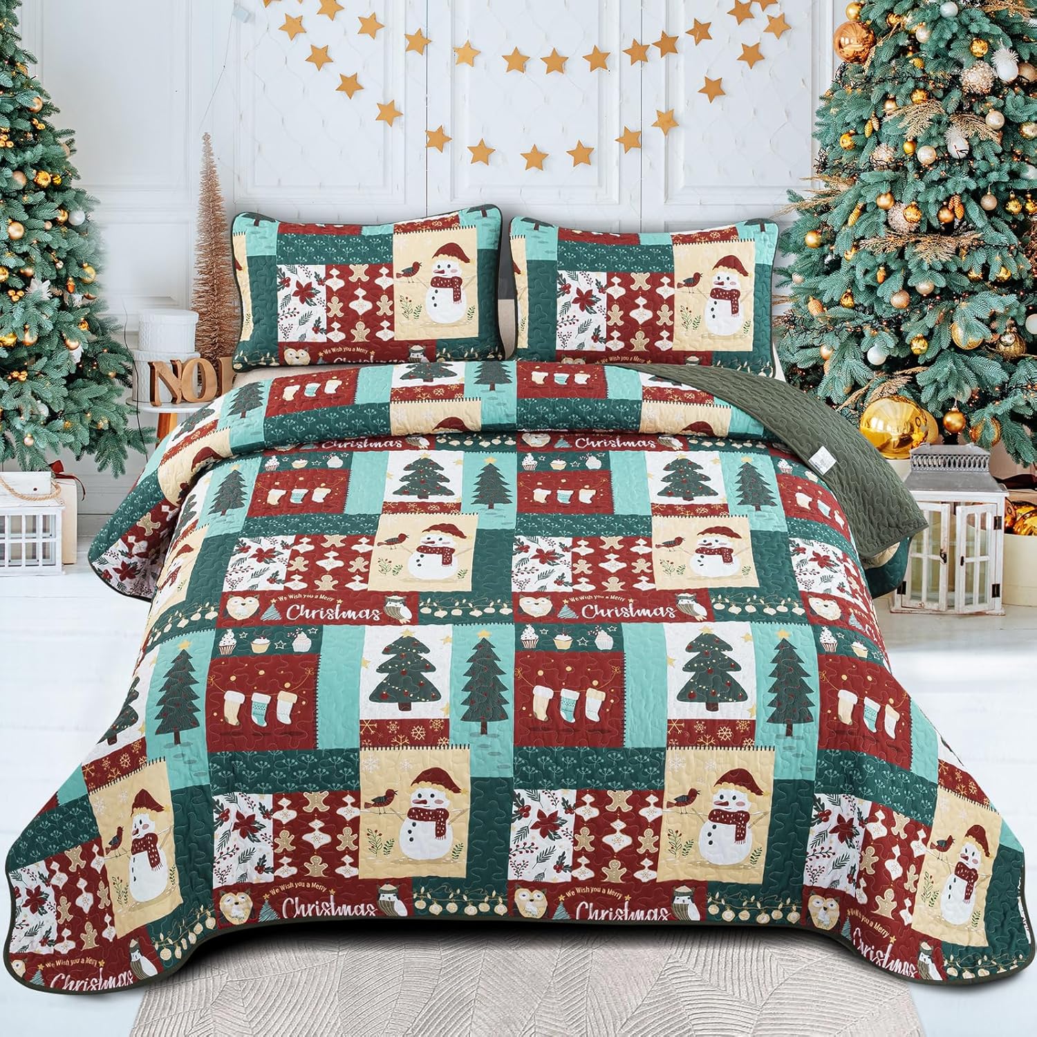 Amazon.com: Christmas Quilt Set King,Patchwork Green Xmas Tree Quilt ...