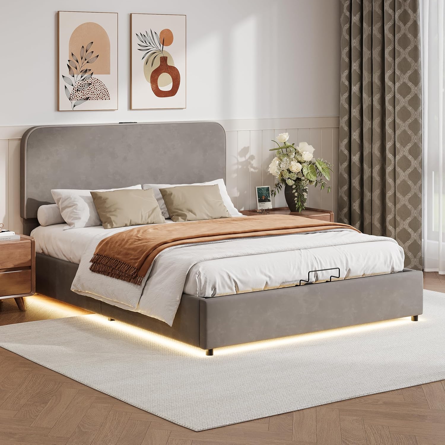 Amazon.com: Merax Queen Size Lift Up Storage Bed with RGB LED Light ...