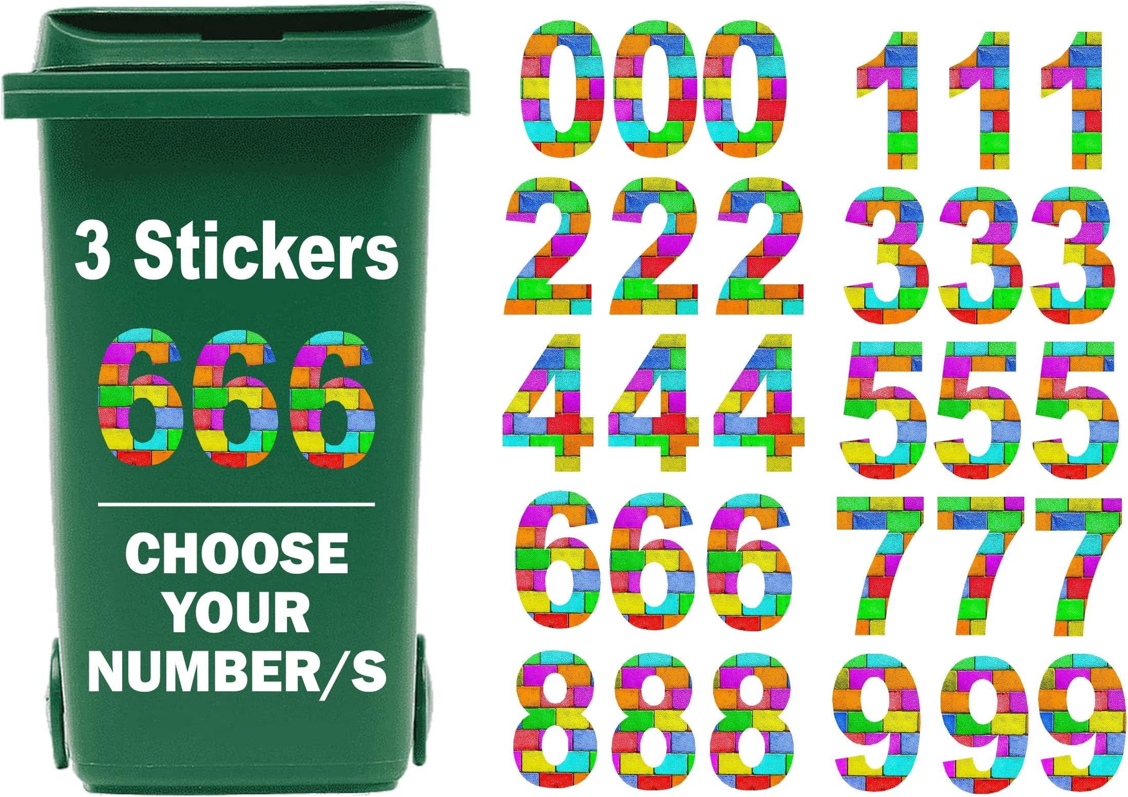 3 x Bin Numbers for Wheelie Bins, 0-9, Multicolour Brick Dustbin ...