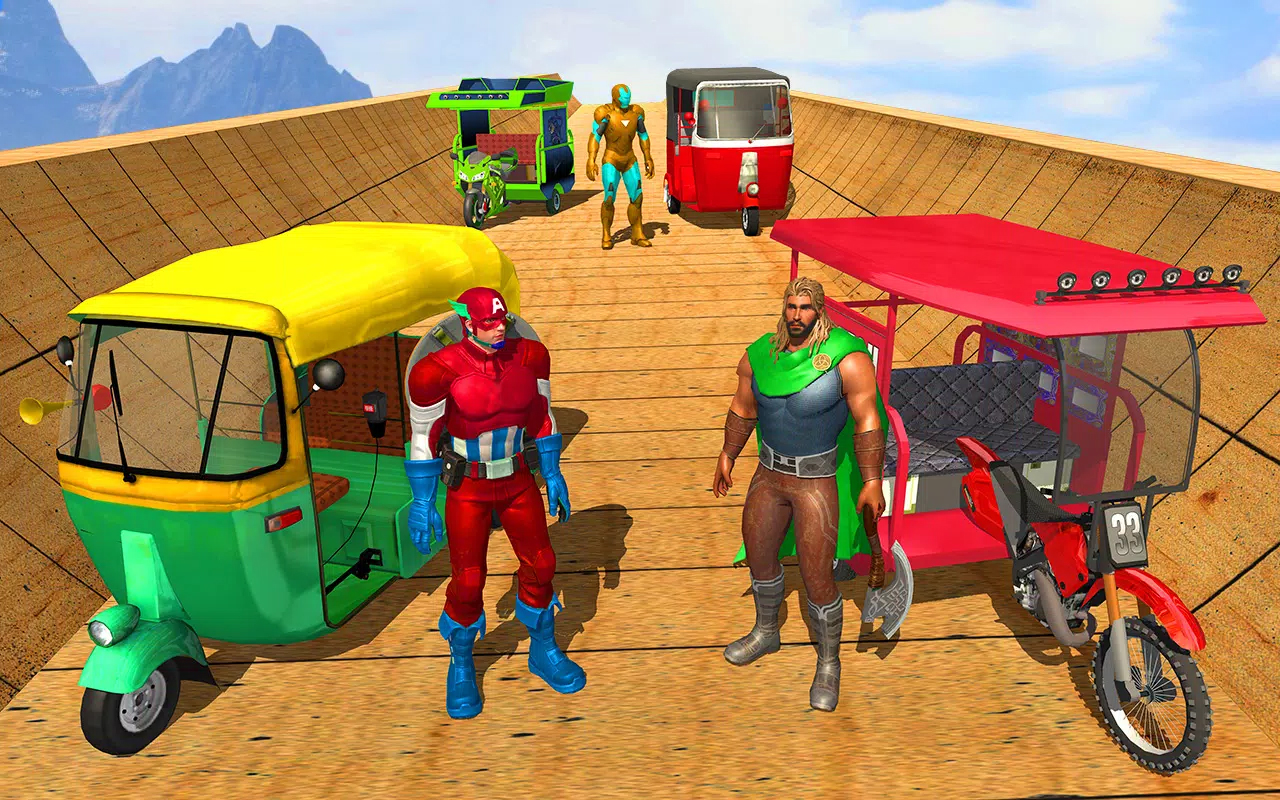 Impossible Stunt Mega Ramp Games: Superhero Auto Rickshaw Stunt Car ...