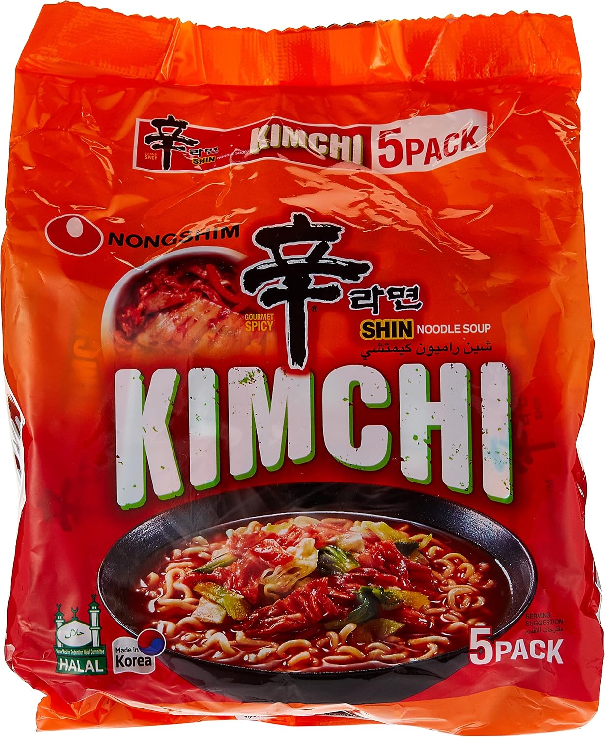 مجموعة نودلز كورية شين رامين كيمتشي من نونجشيم - عبوة من 5 قطع × 120 جرام - طعام نودلز فورية ...