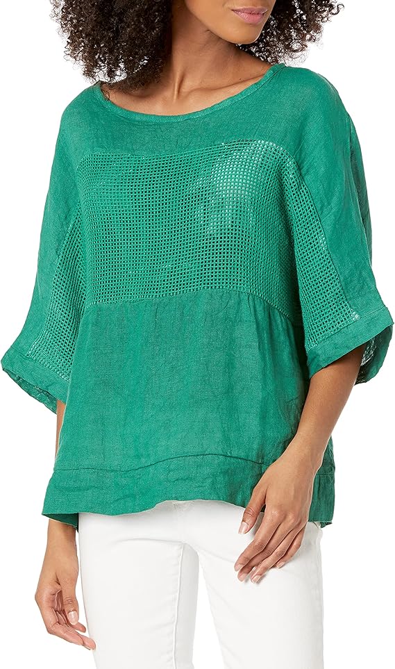 M Made in Italy Women's 3/4 Sleeve Blouse with Horizontal Net Panel at ...