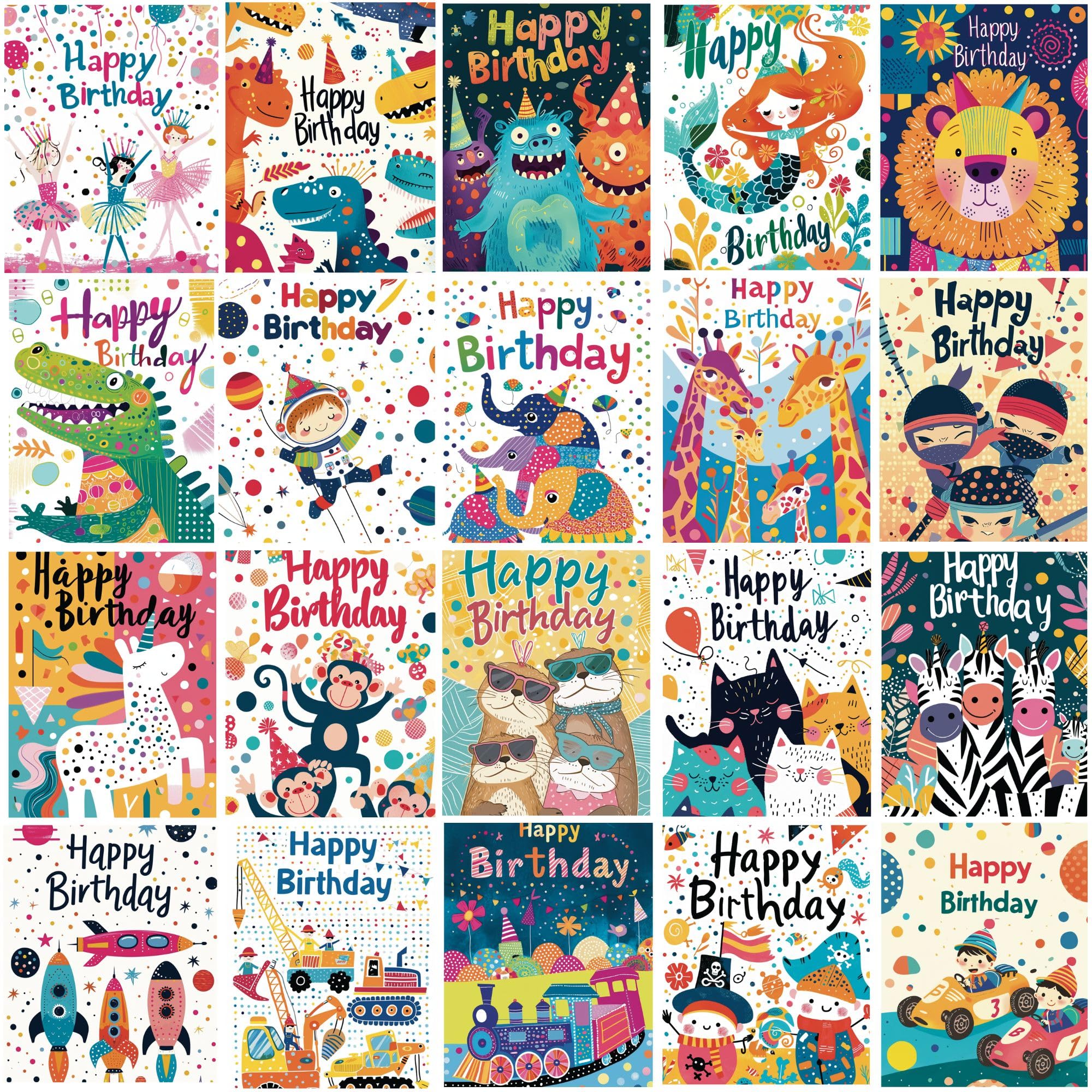 20 x Kids Happy Birthday Cards Multi Pack With Envelopes Assorted ...