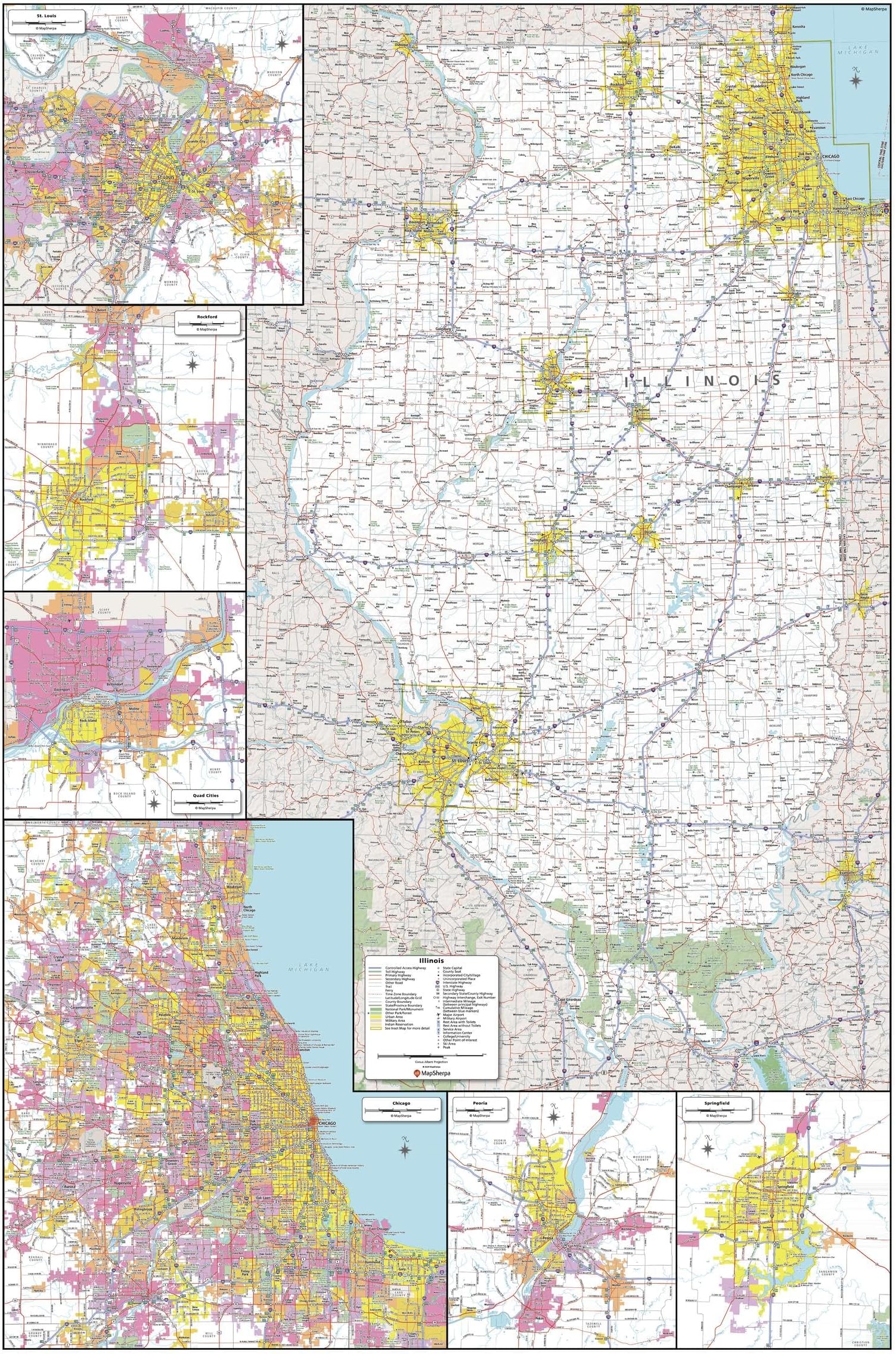Amazon.com : MapSherpa: Illinois State Wall Map - Large - 32 x 48 inch ...