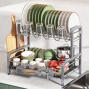 romision 2 Tier Dish Drainer Rack, Dish Drainer with Drip Tray ...