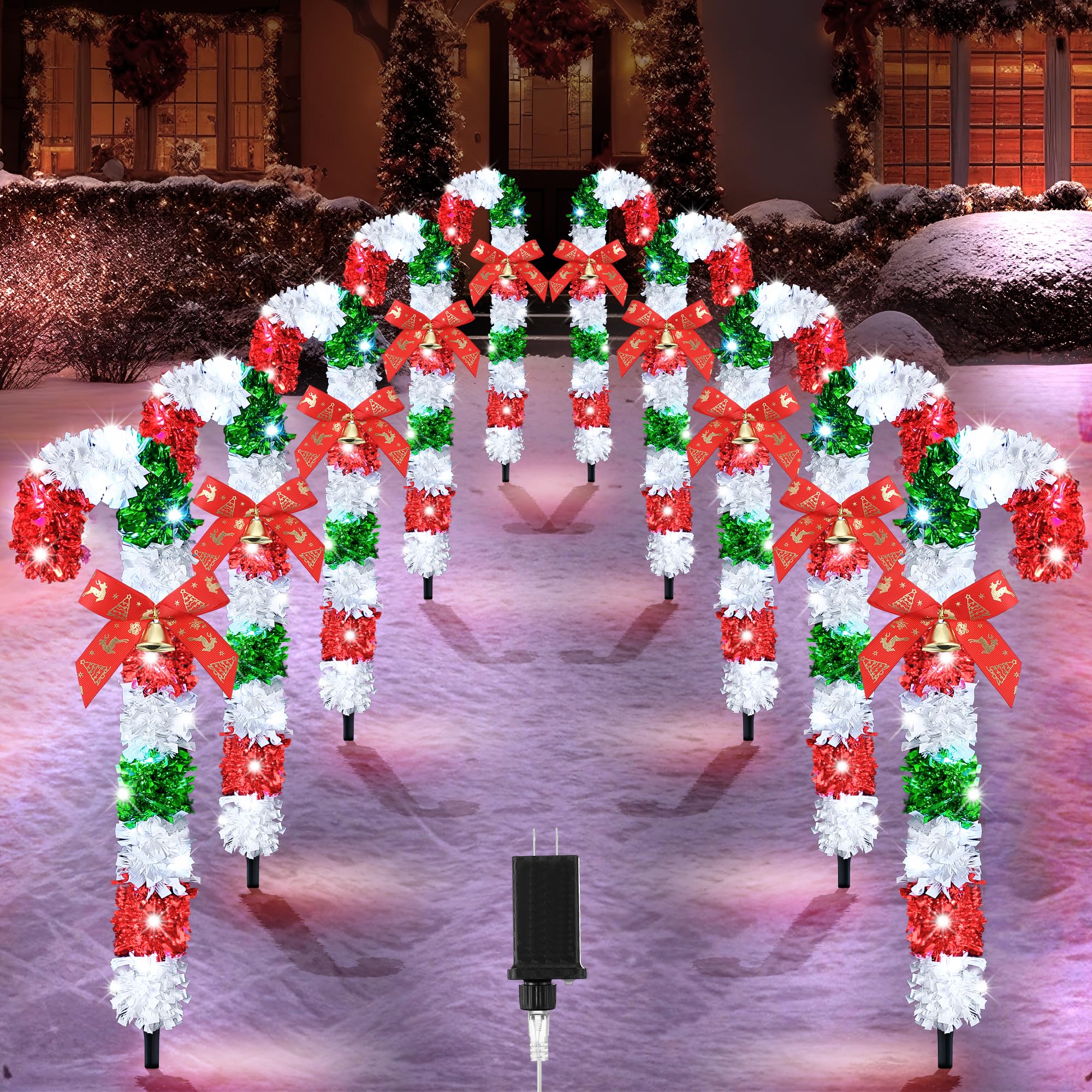 Meonum 10 Pack Outdoor Candy Cane Lights with Bows, Led Candy Cane ...