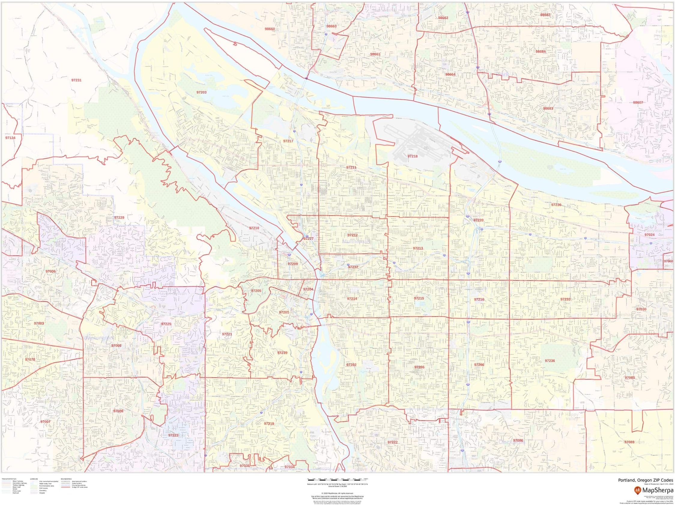 Amazon.com : Portland, Oregon ZIP Code Maps - 48" x 36" Laminated Wall ...