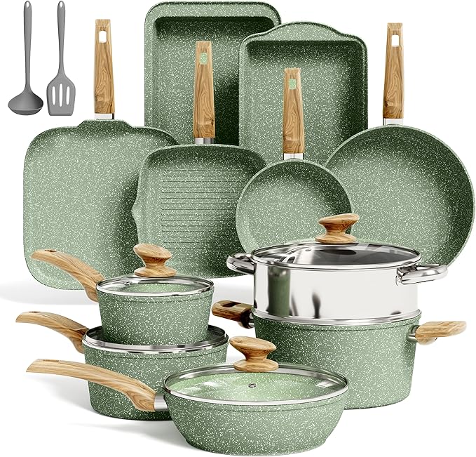 Amazon.com: Kitchen Academy 17Pcs Sage Green Pots and Pans Set Non ...