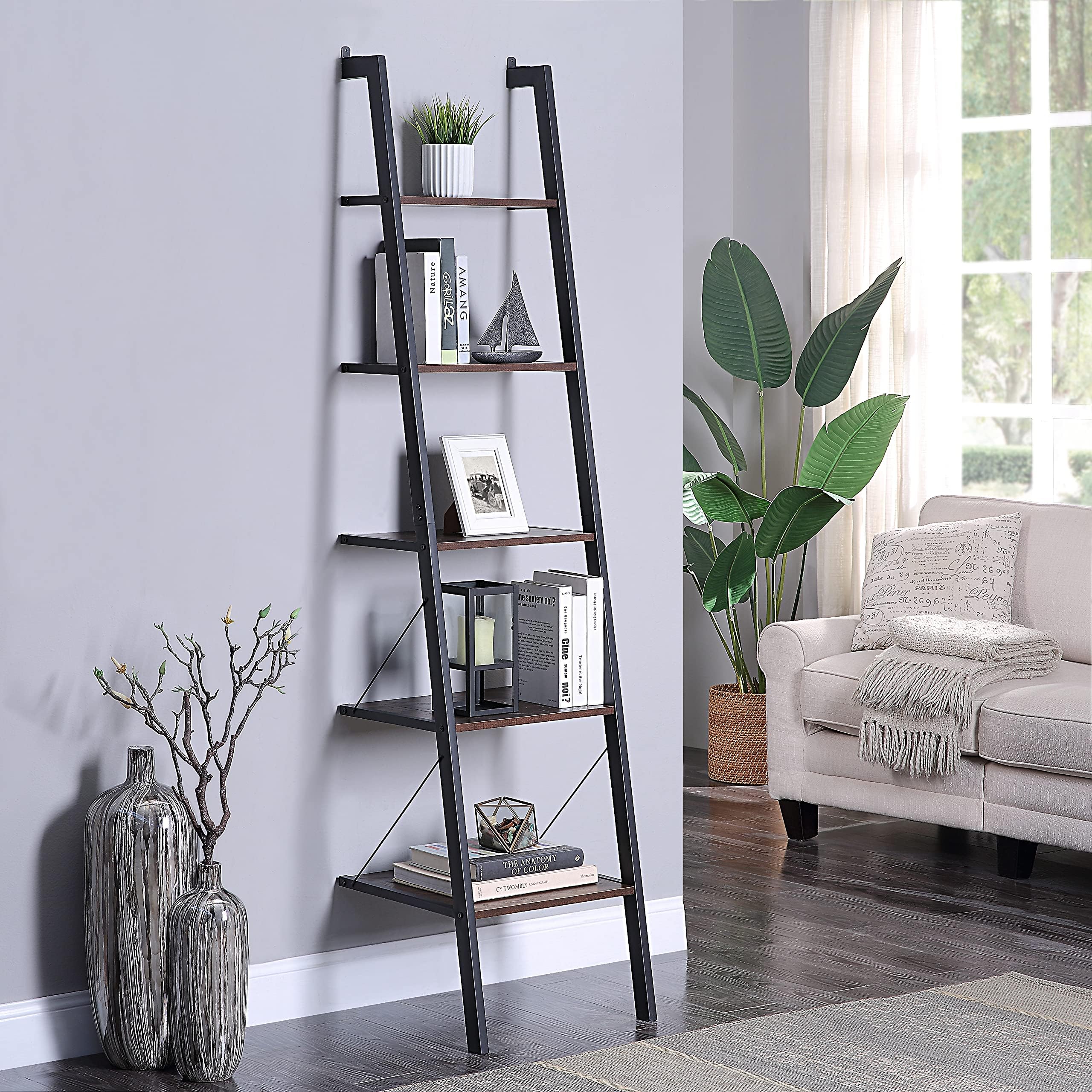 Amazon.com: None White Finish 4-Tier Shelves Leaning Ladder Bookcase ...