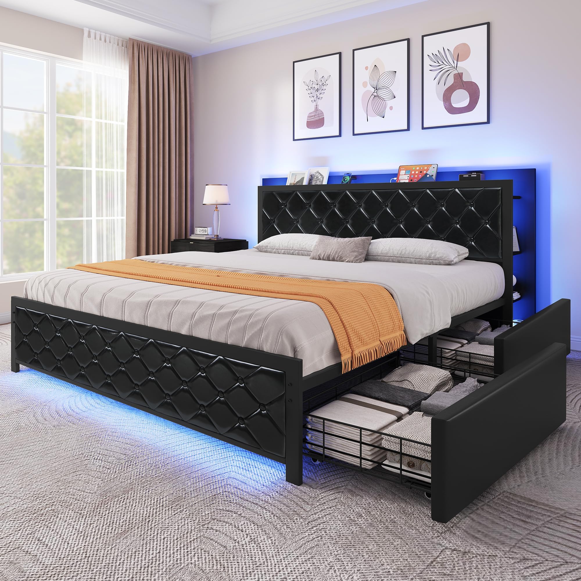 Amazon.com: YITAHOME Queen Bed Frame with RGB LED Lights Headboard & 4 ...