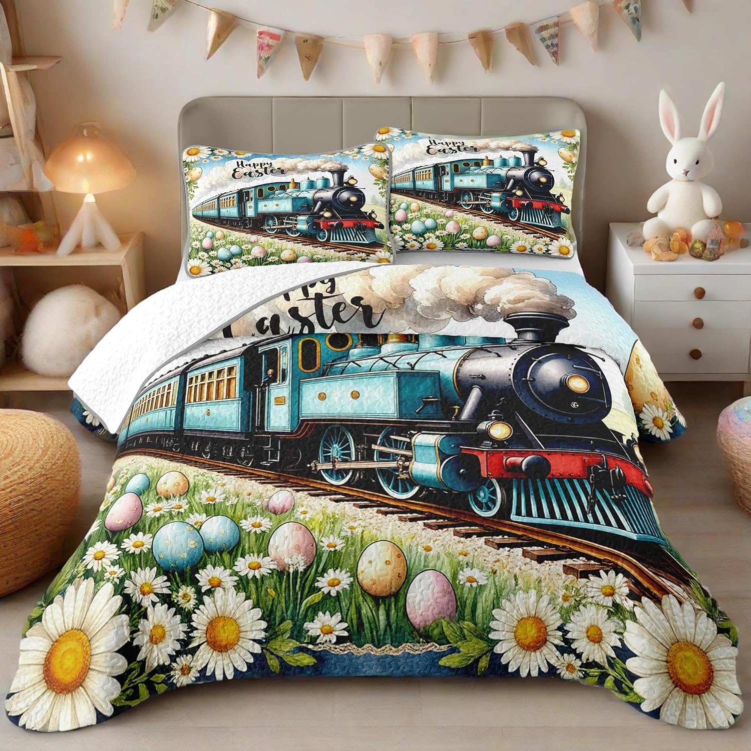 Amazon.com: WHWODIDE Happy Easter Patchwork Quilt Set 3 Pcs Retro Train ...