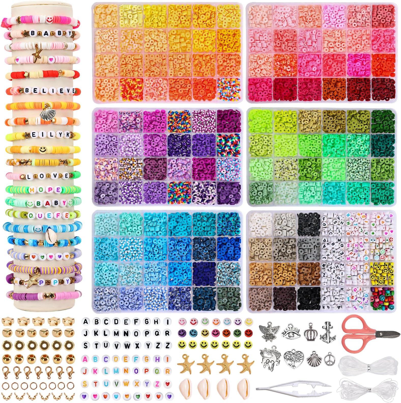 Amazon.com: QUEFE 14000 PCS 136 Colors Clay Beads Bracelet Making Kit 6 ...