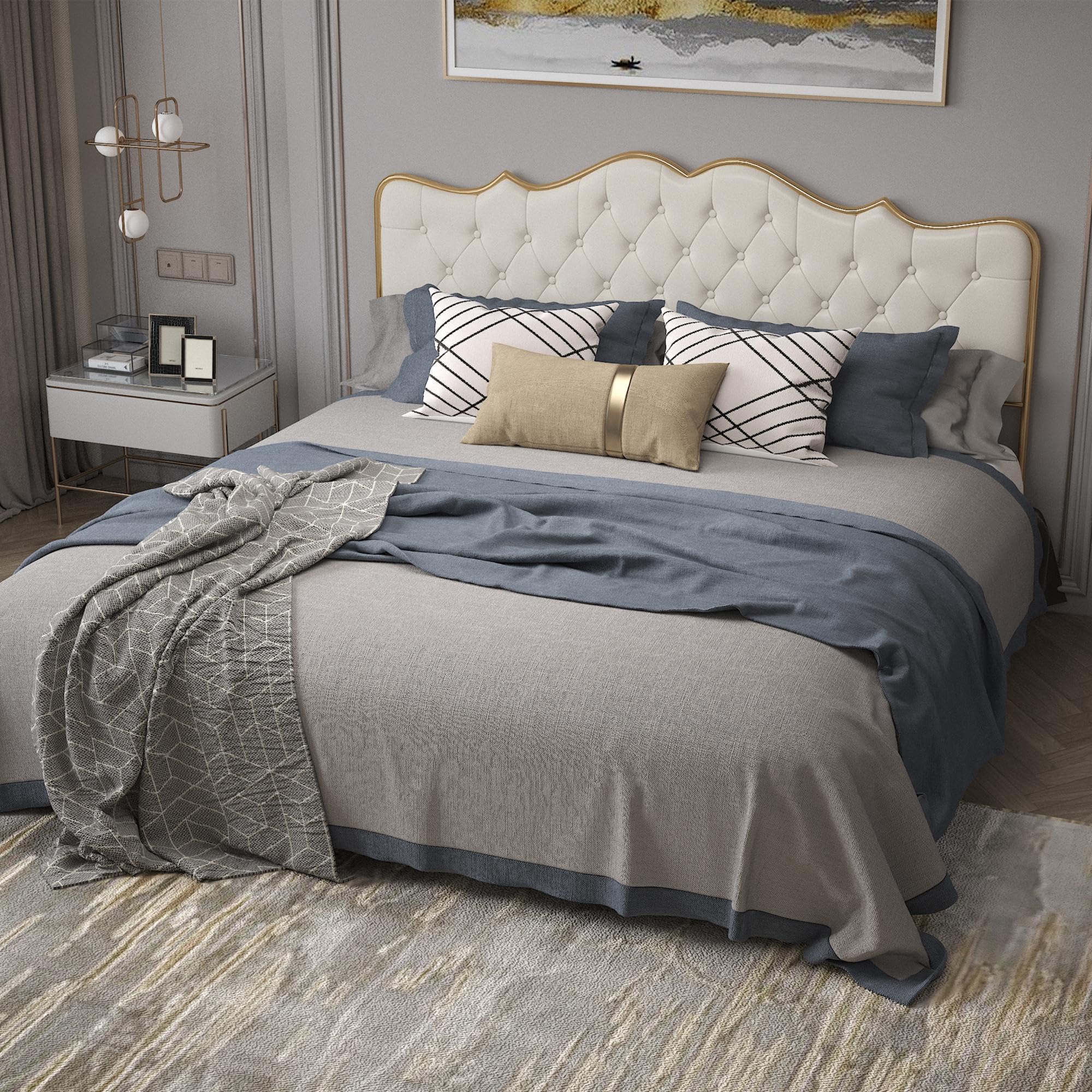 Amazon.com: Dolonm King Size Classic Buckle Backrest Platform Bed Frame ...