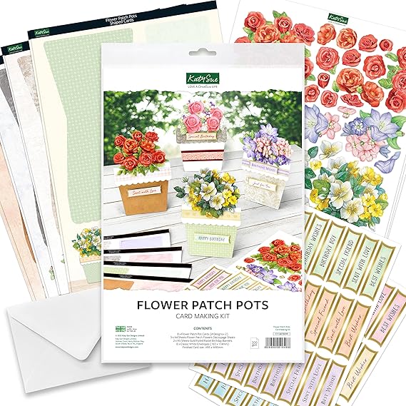 Katy Sue Designs Flower Patch Pots Card Making Kit. 8 Cards, 8 Envelopes, 3 Die Cut Decoupage ...