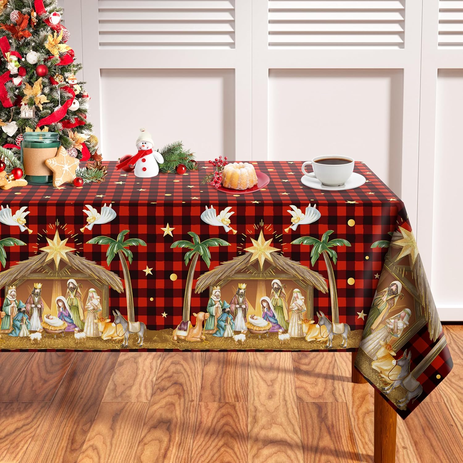 THAWAY Christmas Tablecloth 60×84 Inch Rectangular Nativity Scene Red ...