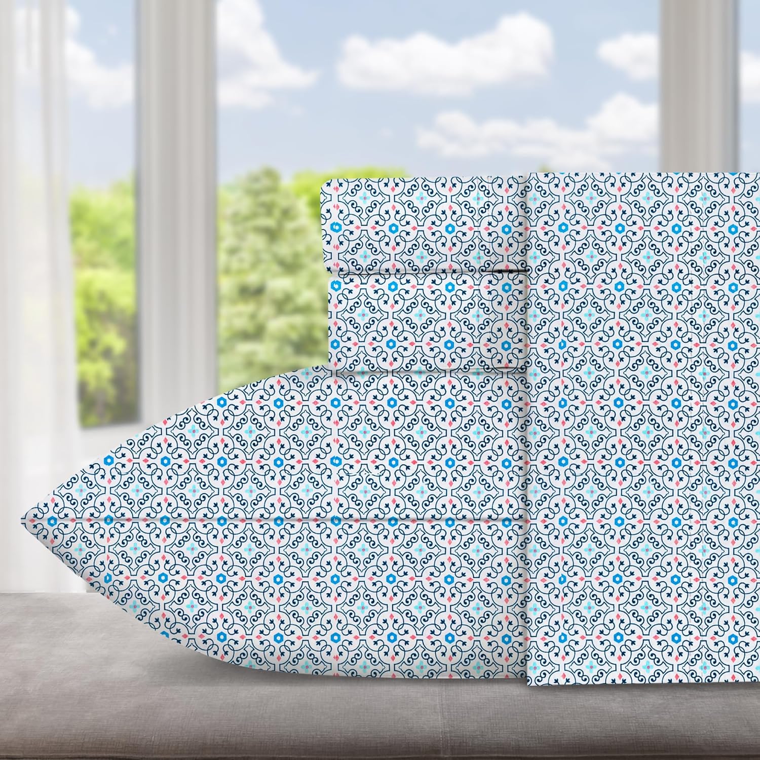 Amazon.com: JOOKI Blue Floral Printed Bed Sheets Set Soft Microfiber ...