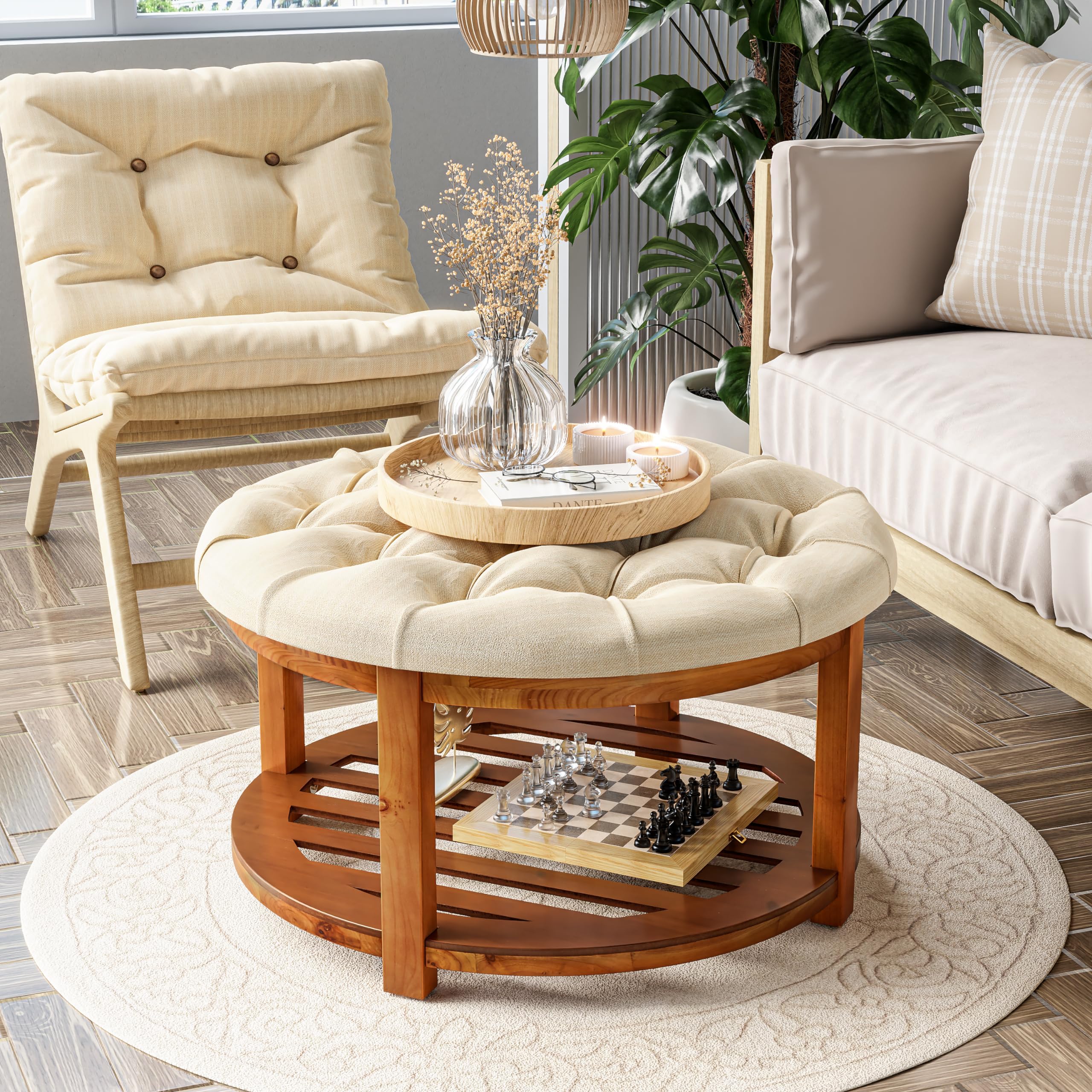 Amazon.com: COZAYH Round Ottoman Coffee Table with Storage, Rustic ...