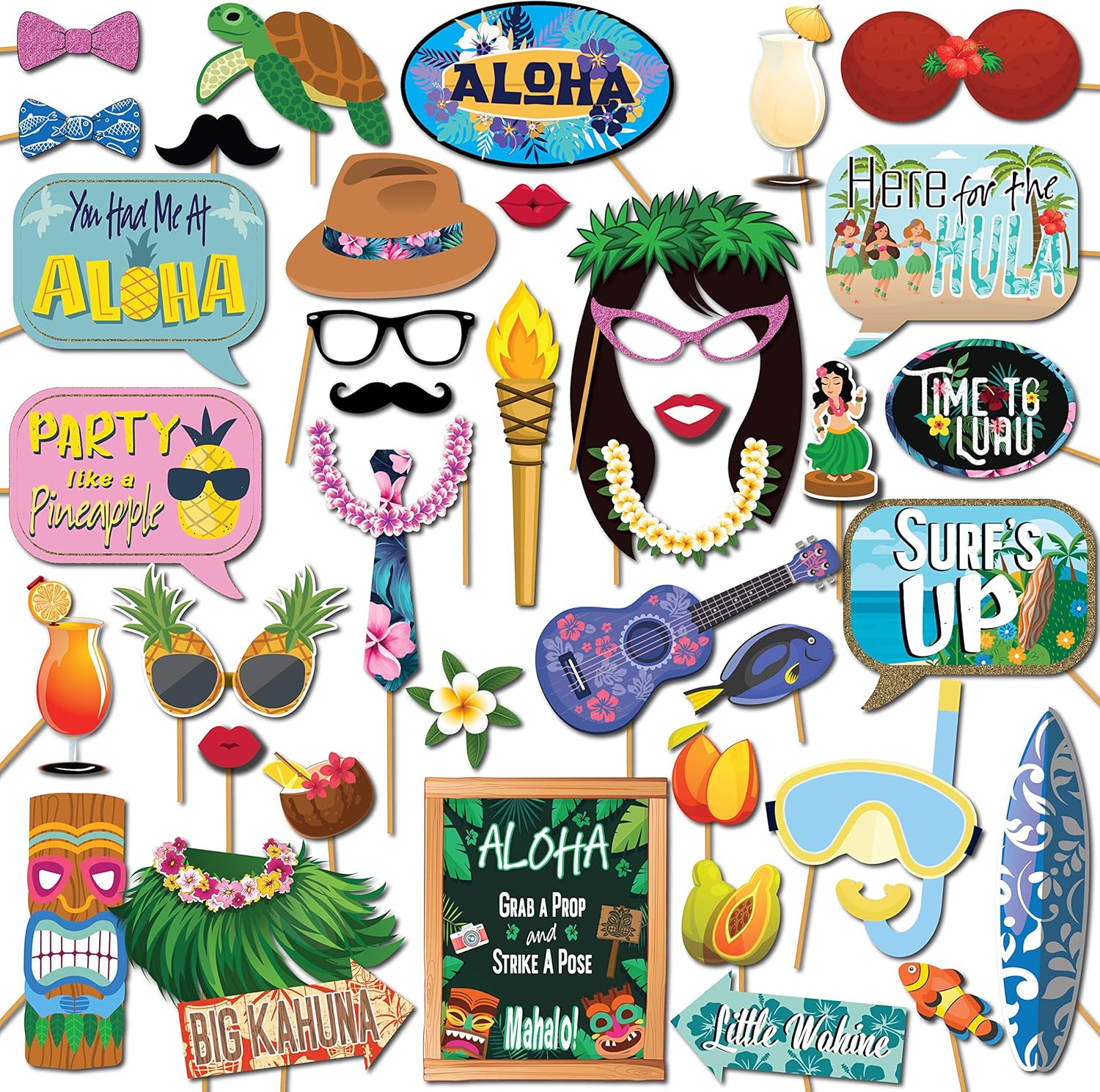 Amazon.com: Hawaiian Photo Booth Props - 41-pc Luau Photo Props Kit ...