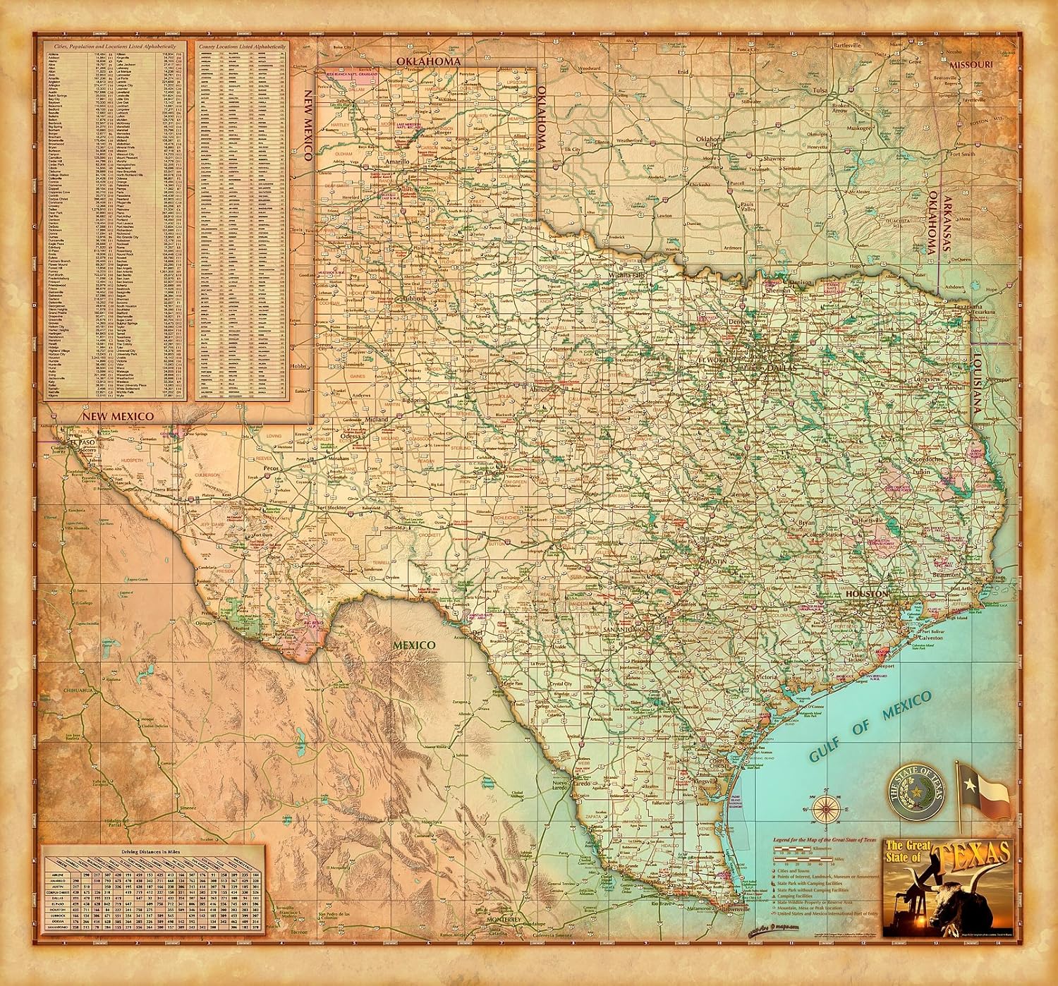 Amazon.com : Antiqued Texas Wall Map - Paper 39"w x 36"h : Office Products