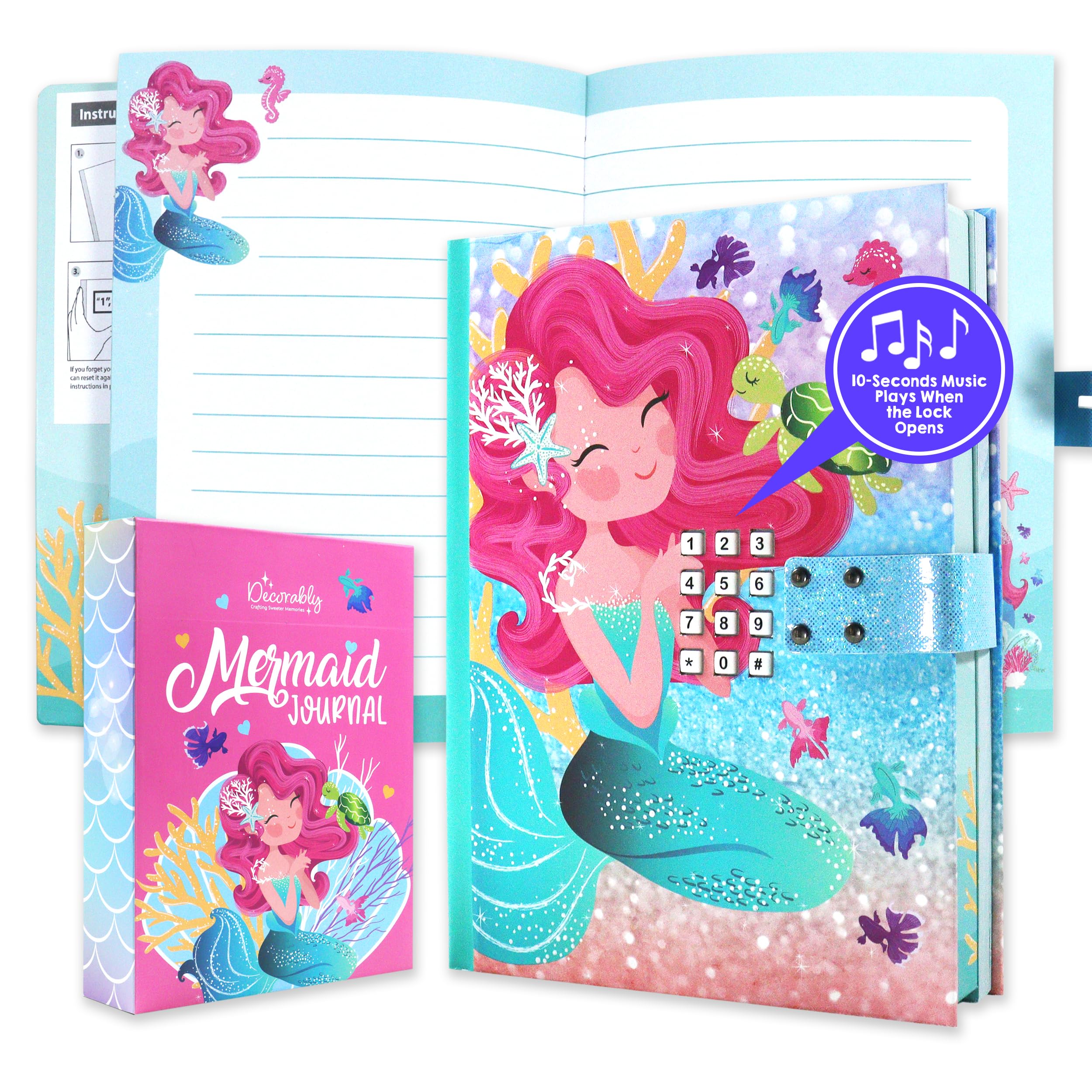 Amazon.com : Decorably Journal for Kids - Glittery A5 Mermaid Locking ...
