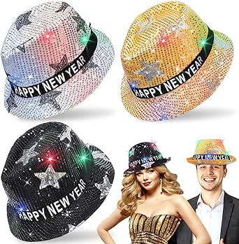 Amazon.com: 3 Pack Happy New Years Hats Sequin LED Light Up Top Hats ...