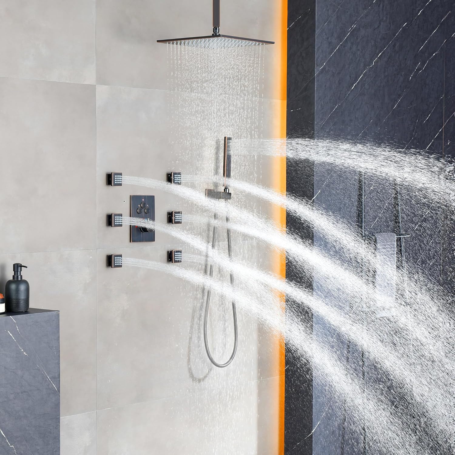 JetsBath Luxury Thermostatic Rain Shower System with 6 Body Shower Jets ...