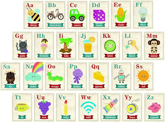 Amazon.com: Nursery Wall Decor, ABC Spanish Español 5x7 Wall Cards, Our ...