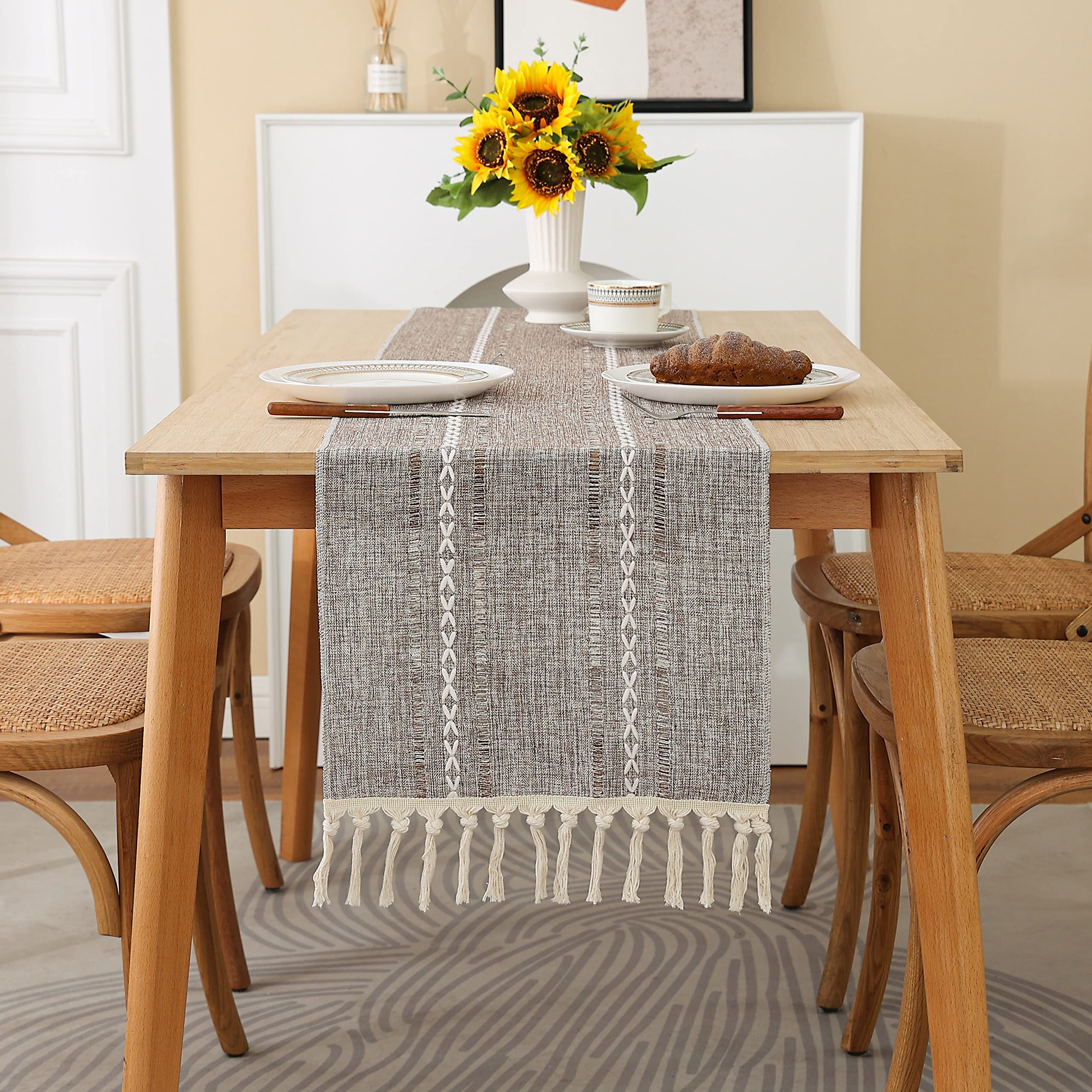 Amazon.com: Country Rustic Linen Table Runner with Tassel Striped ...