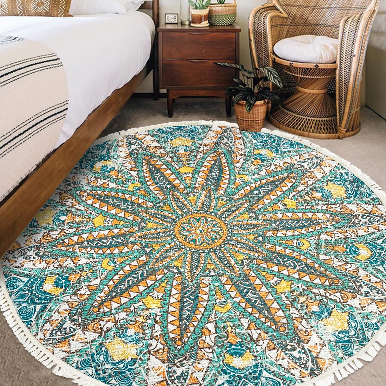 Amazon.com: Lacomfy Boho Rugs Rustic Farmhouse Rug 4Ft Round Floral Rug ...